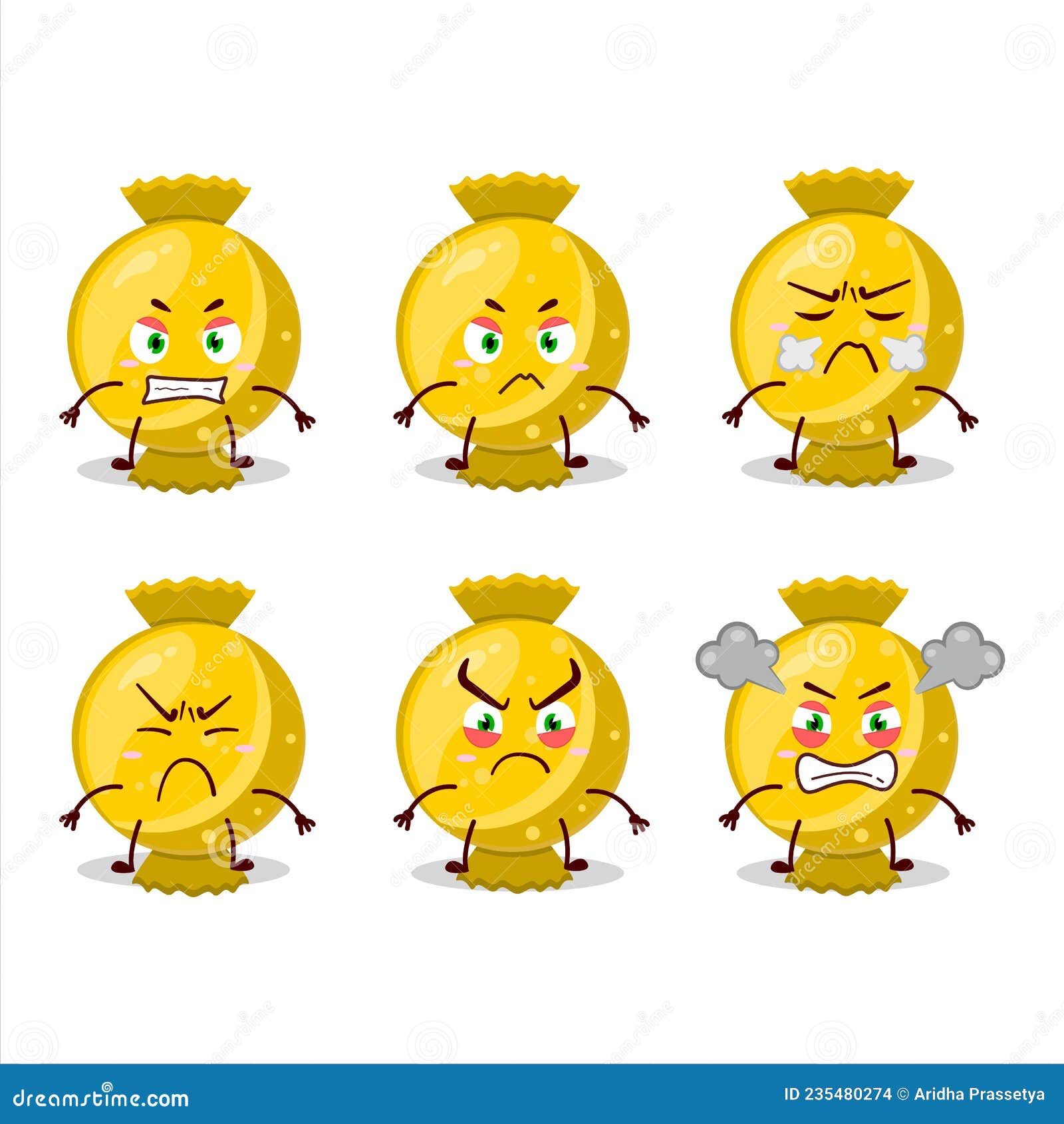 Yellow Candy Wrap Cartoon Character with Various Angry Expressions ...