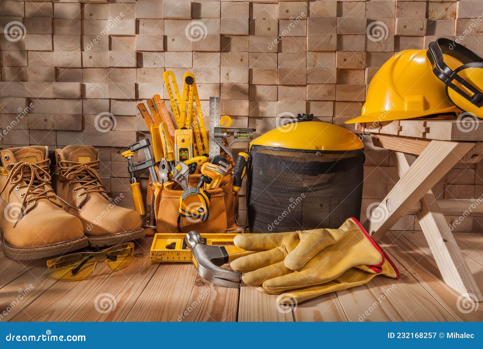 Yellow Carpenter Working Tools Set on Construction Site. on Background ...
