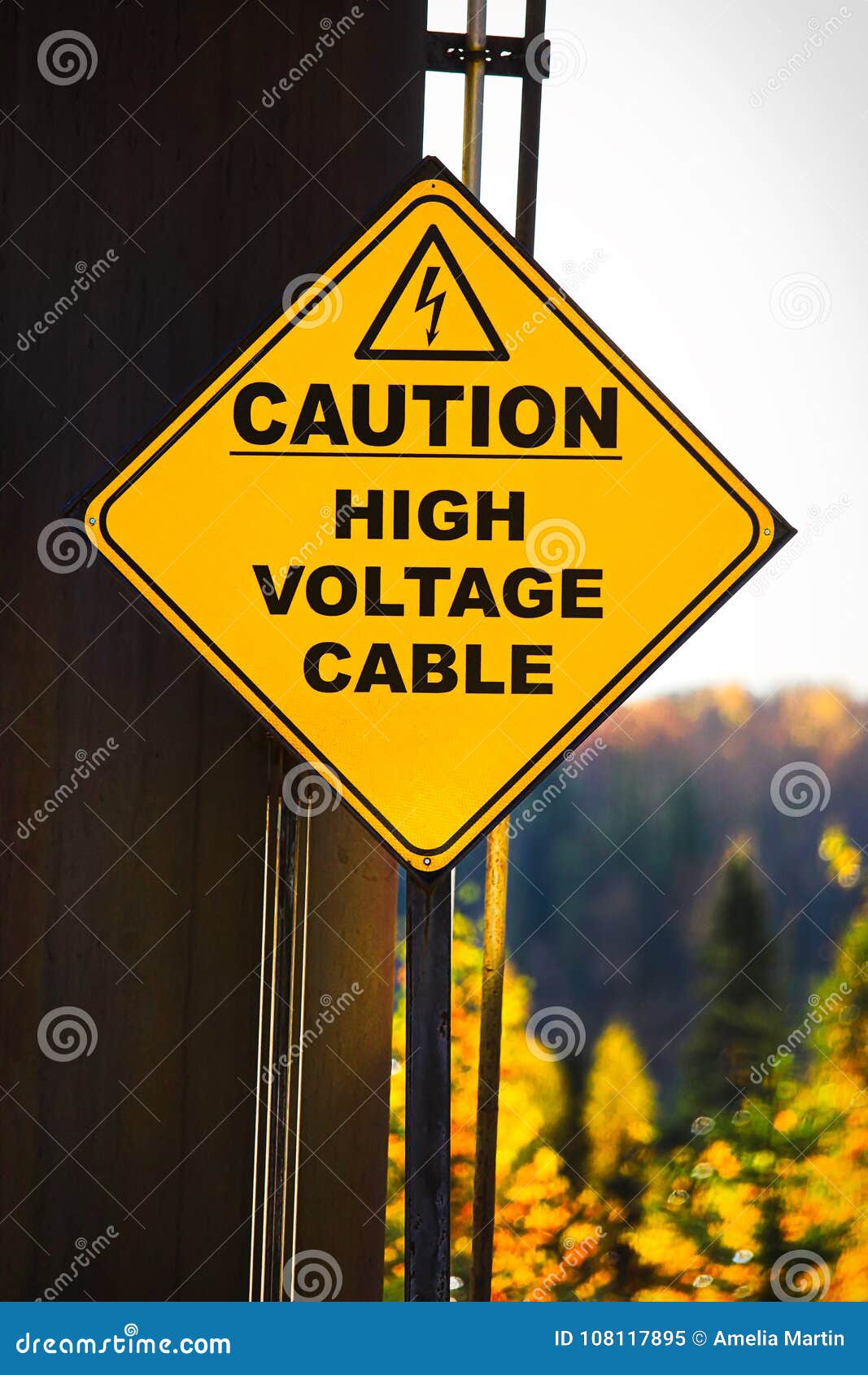 A Yellow Caution High Voltage Cable Sign Stock Image - Image of ...