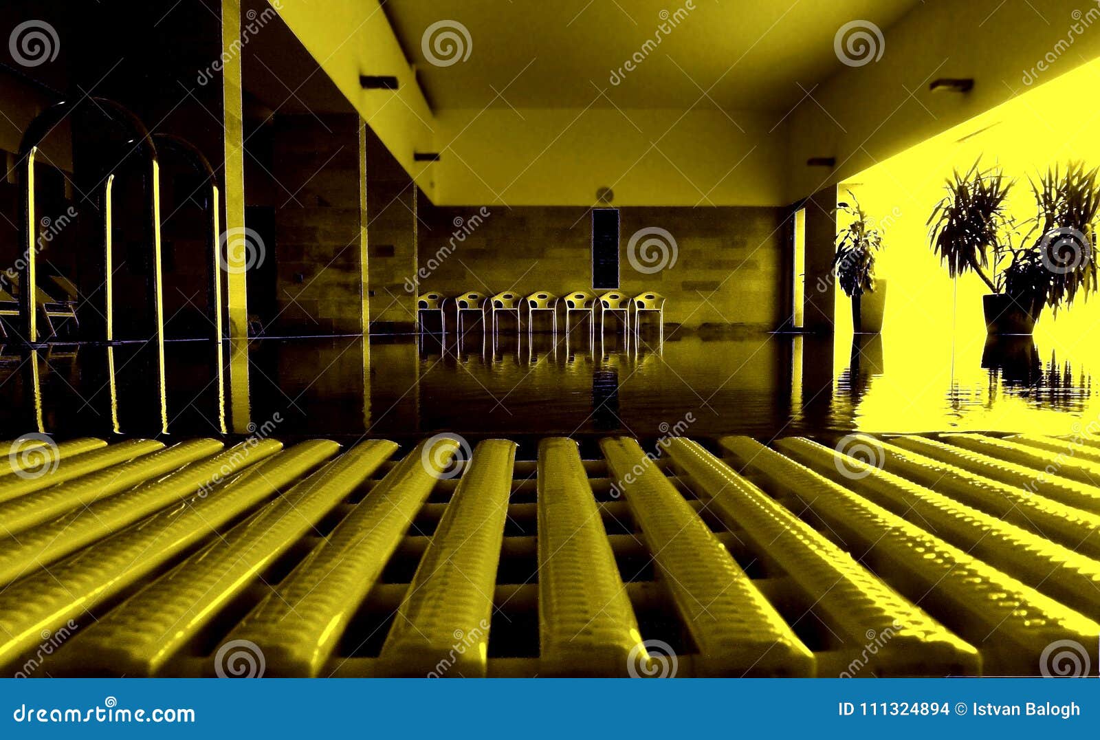 Yellow Chairs by the Waveless Pool Stock Photo - Image of stainless ...