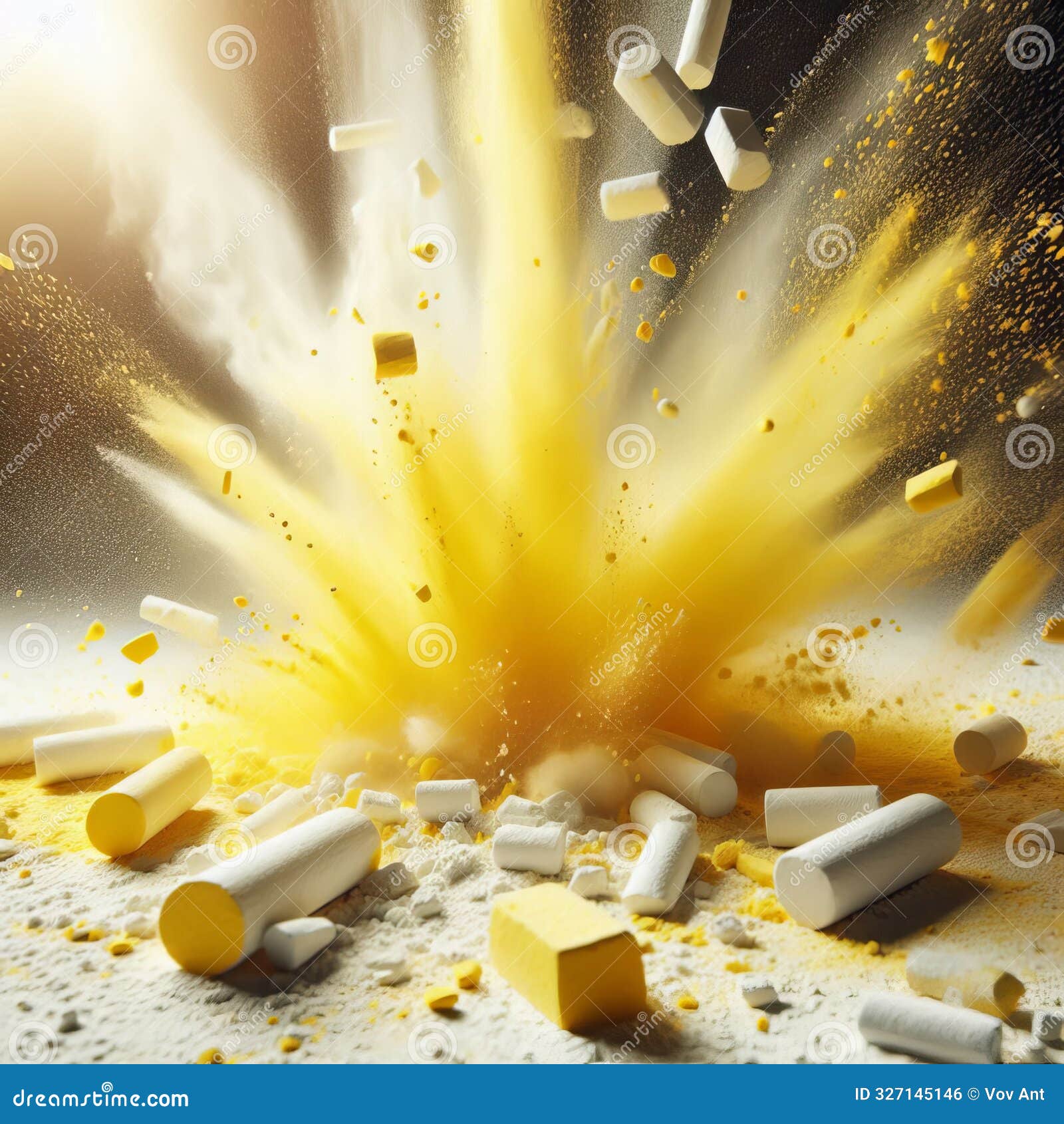 Yellow Chalk Pieces and Dust Flying, Exploding in a Bright, Sun Stock ...