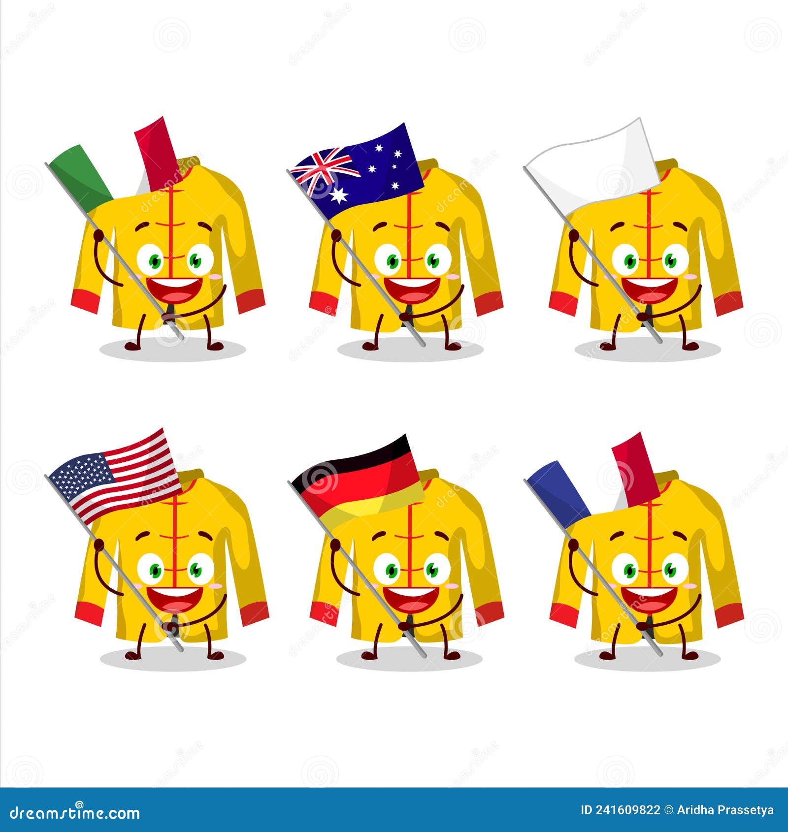 Yellow Chinese Traditional Costume Cartoon Character Bring The Flags Of