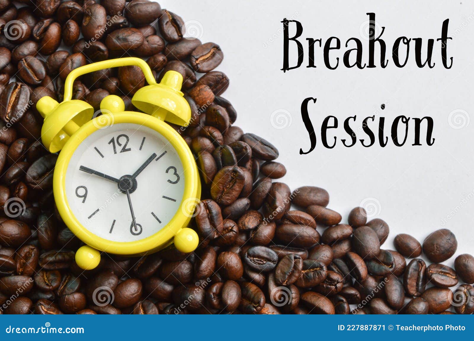Yellow Clock and Coffee Bean Brown Roasted with Text BREAKOUT SESSION ...