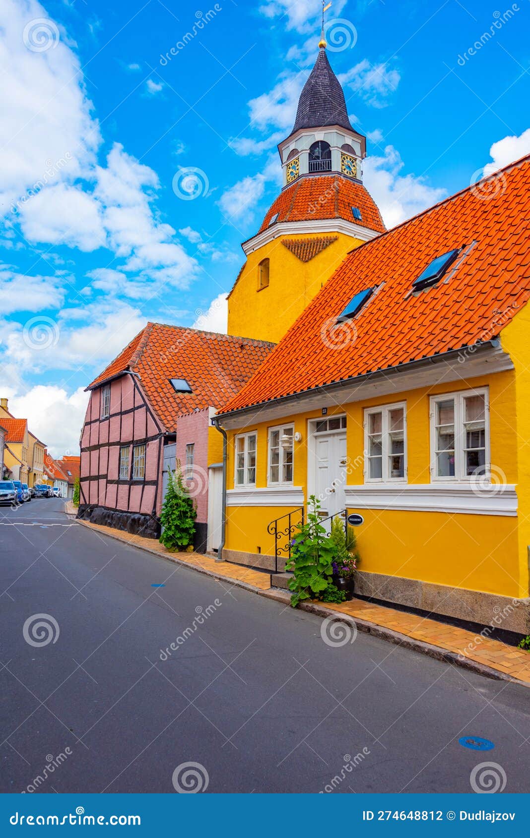 Yellow Clock Tower in Faaborg, Denmark Stock Photo - Image of balcony ...