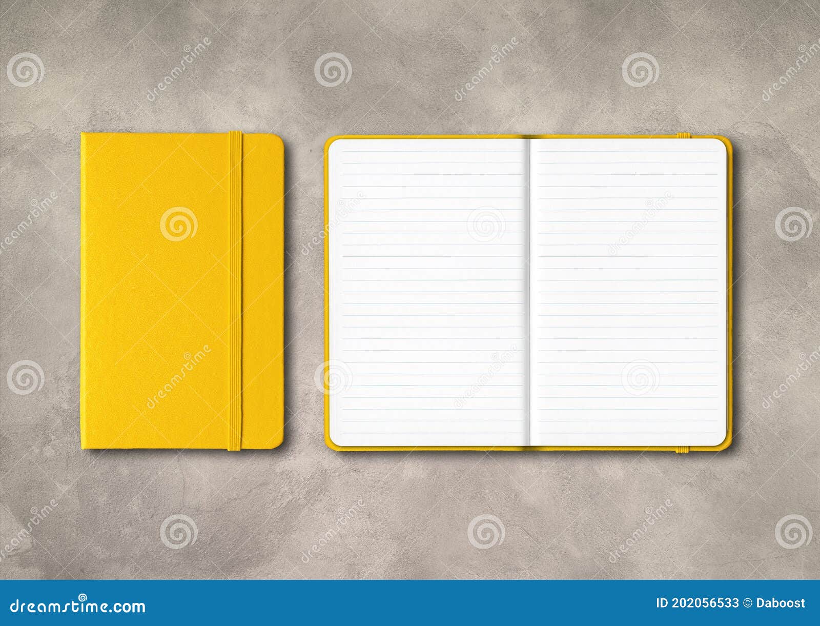 Yellow Closed and Open Lined Notebooks on Concrete Background Stock ...