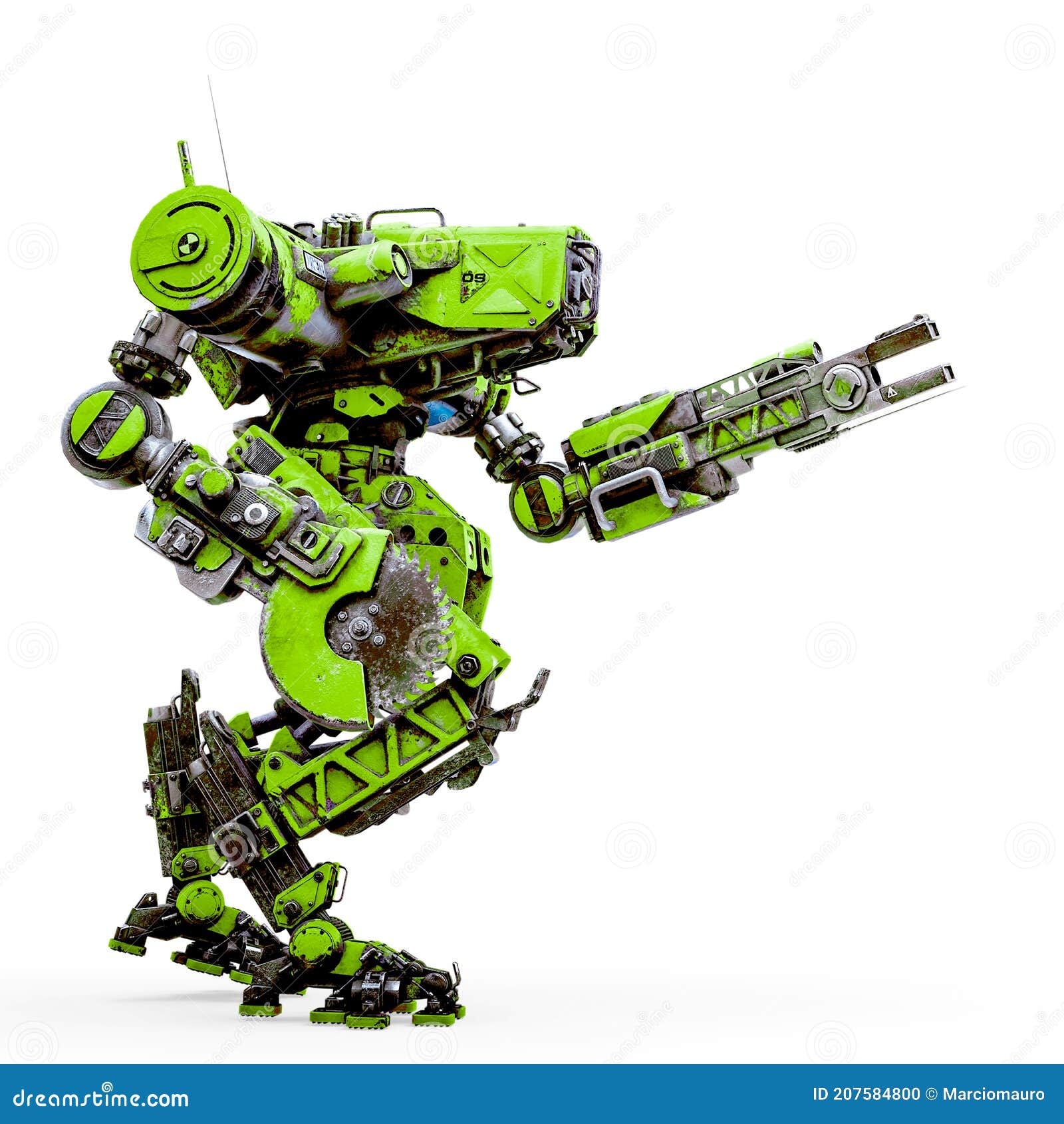 Yellow Combat Mech Is Ready For War In A White Background Rear View ...