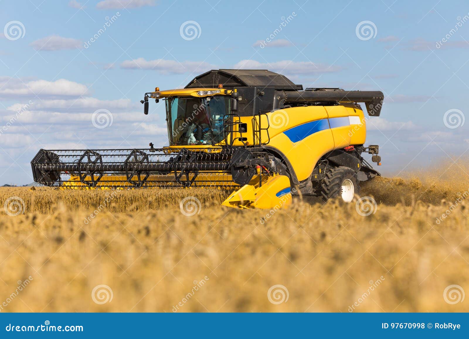 Yellow Combine Harvester on a Wheat Field with Blue Sky Stock Photo ...