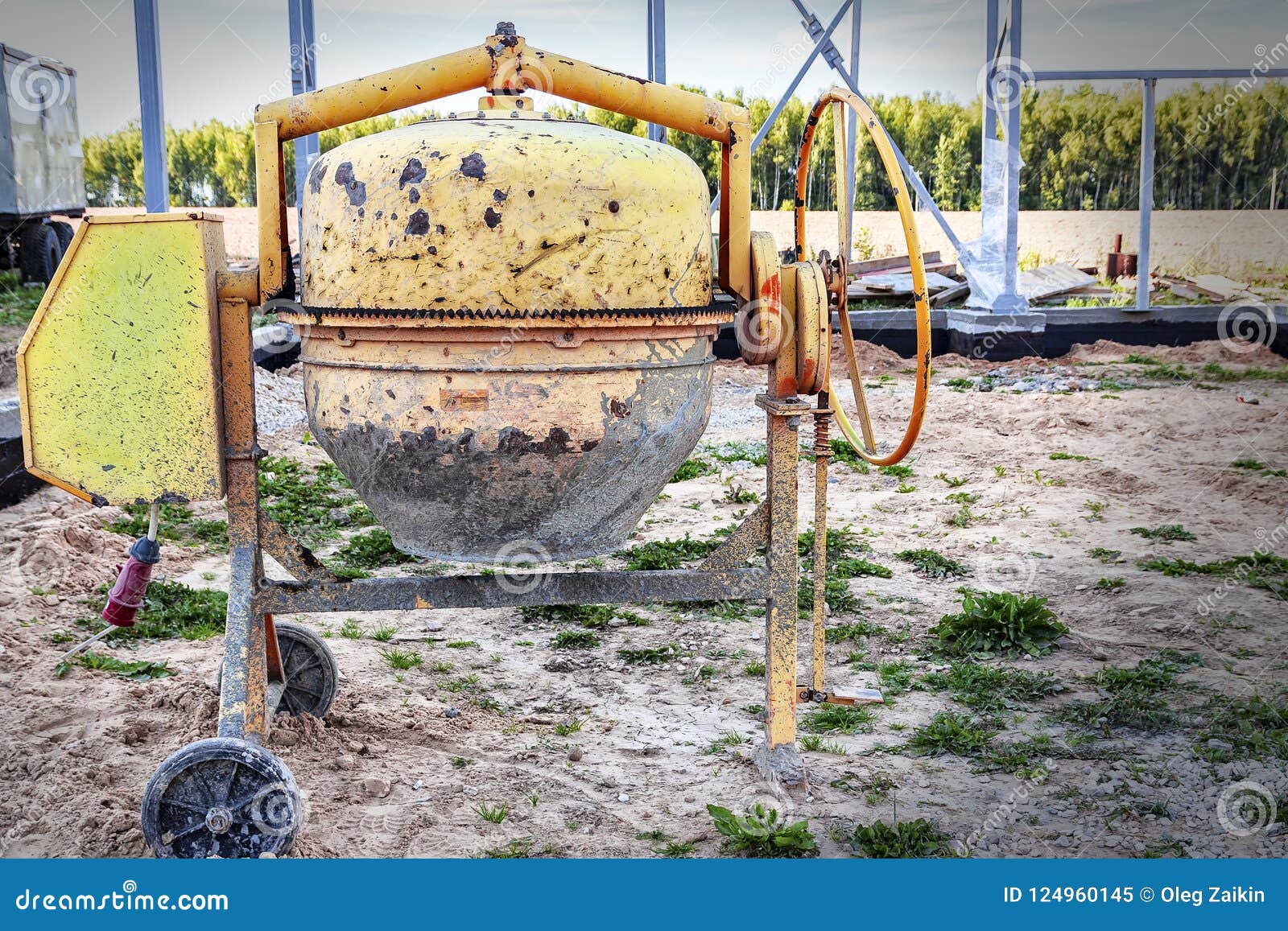 Yellow Concrete Mixer. 3D Rendering, is at the Construction Site. Stock ...