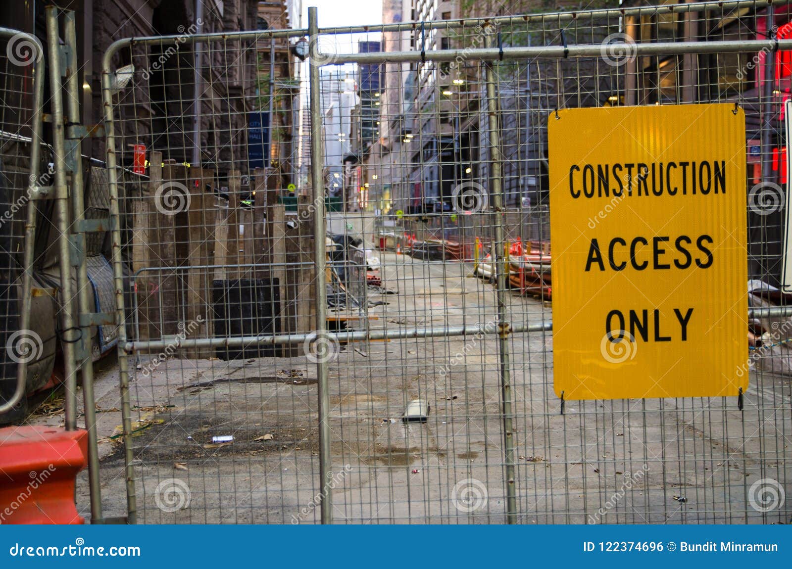 Yellow Construction Access only Sign Attached To the Fence. Stock Photo ...
