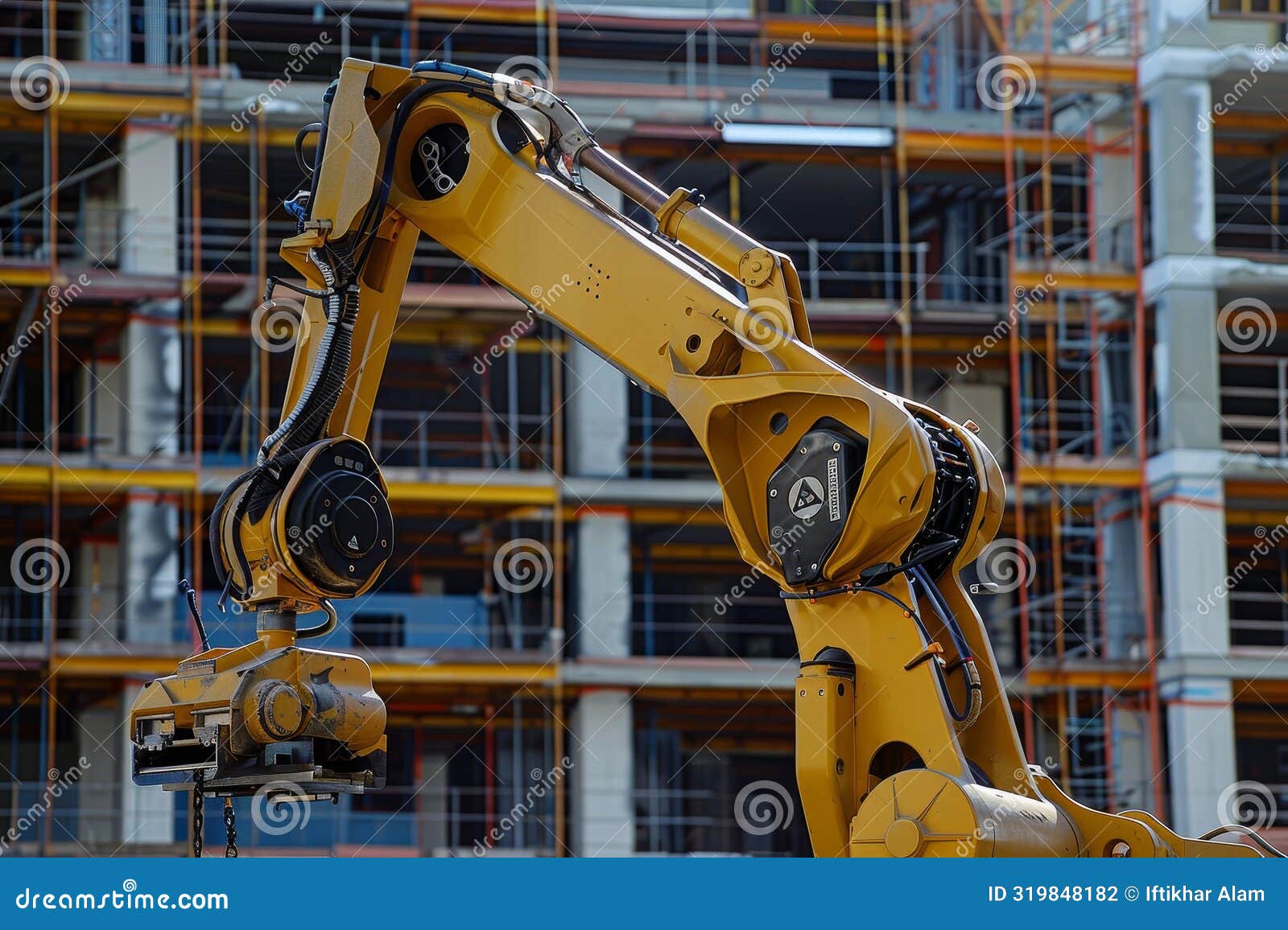 A Yellow Construction Machine in Action in Front of a Building ...