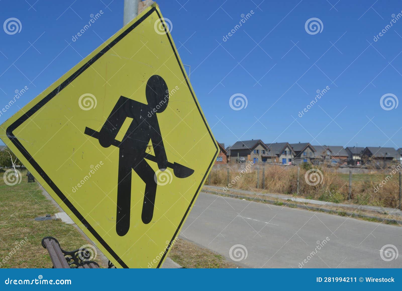 Yellow Construction Site Sign on a Street. Stock Image - Image of city ...