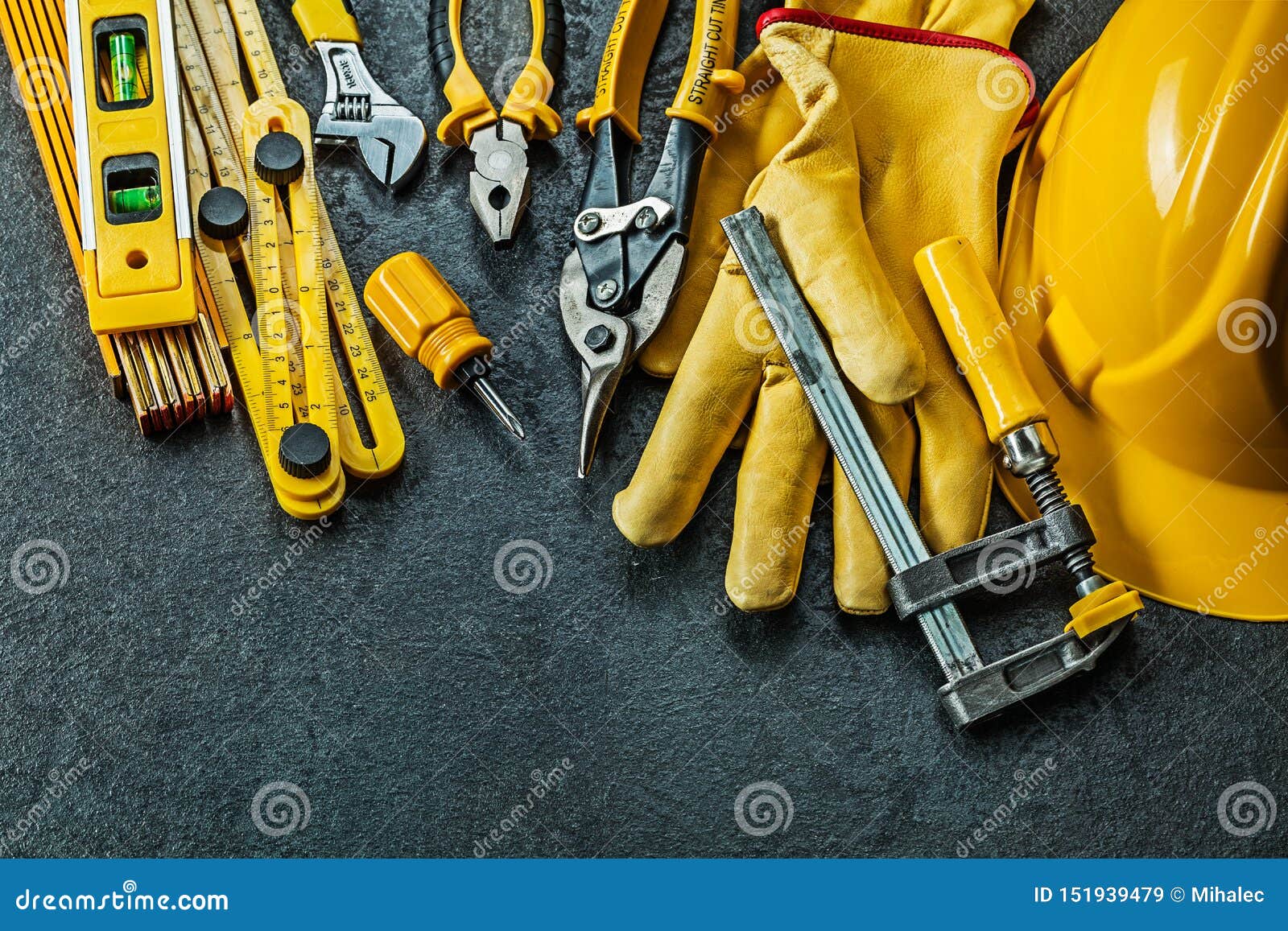Yellow Construction Tools on Black Background Stock Image - Image of ...
