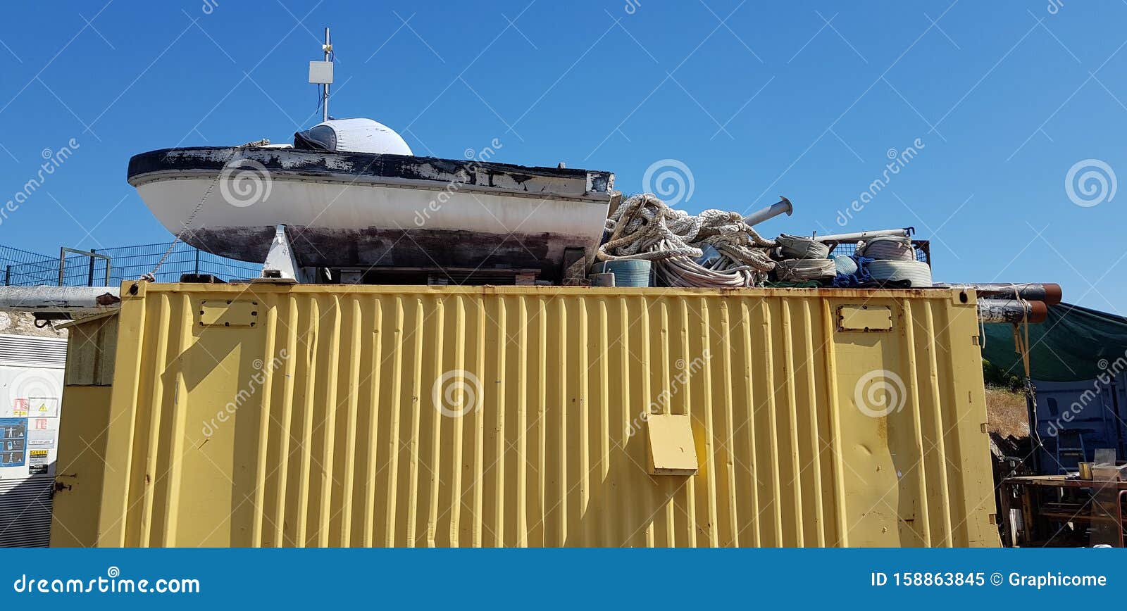 Yellow Container on a Shipyard Stock Image - Image of mast, watercraft ...