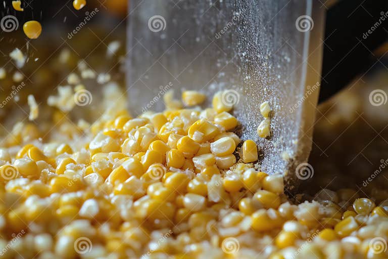 Yellow Corn Kernels Being Cut and Processed in a Kitchen during Food ...