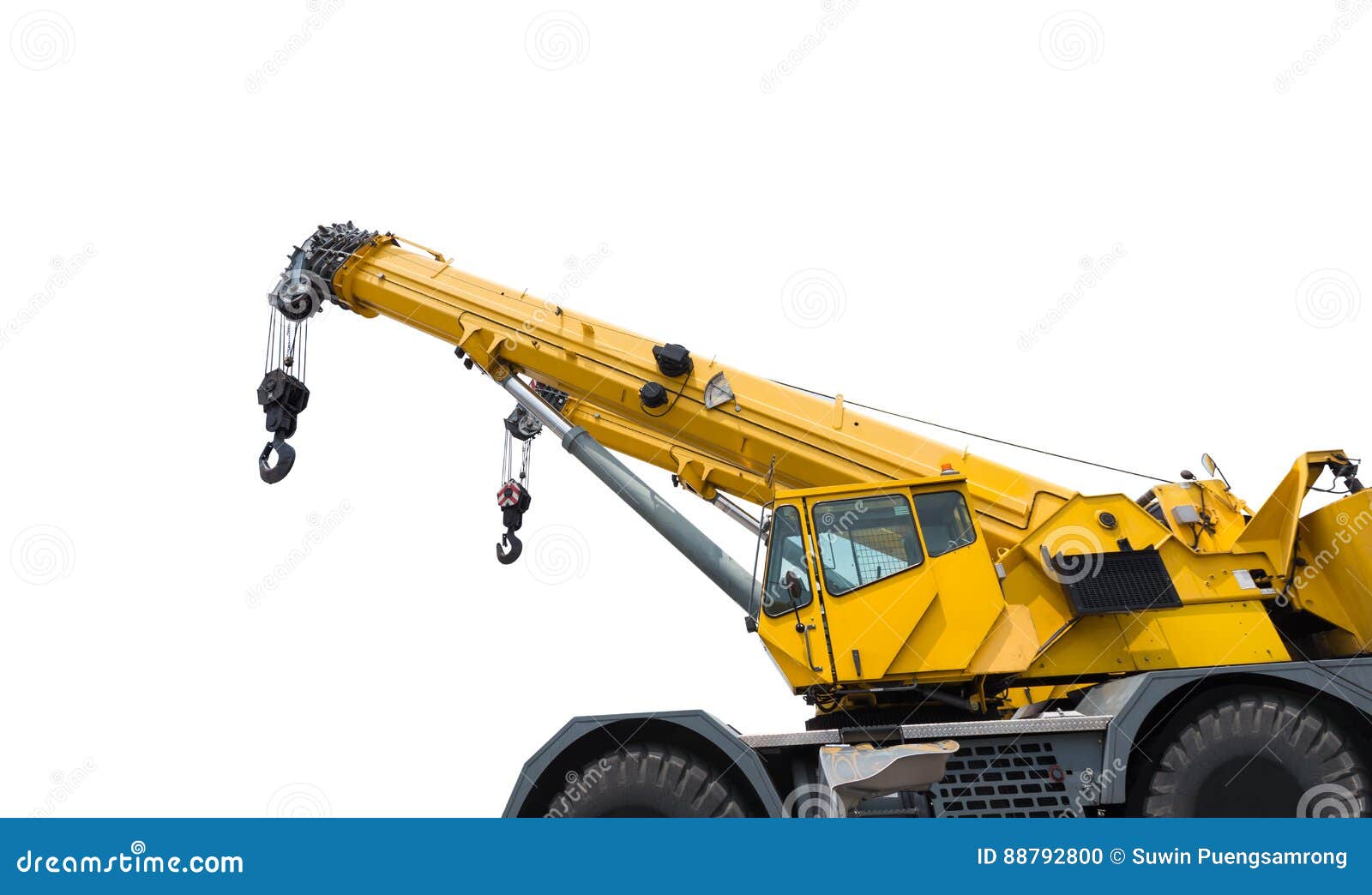 Yellow Crane Boom with Hooks Isolated on a White Background with Stock ...