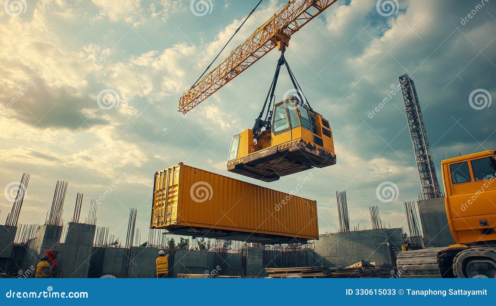 A Yellow Crane Lifts a Shipping Container at a Construction Site ...
