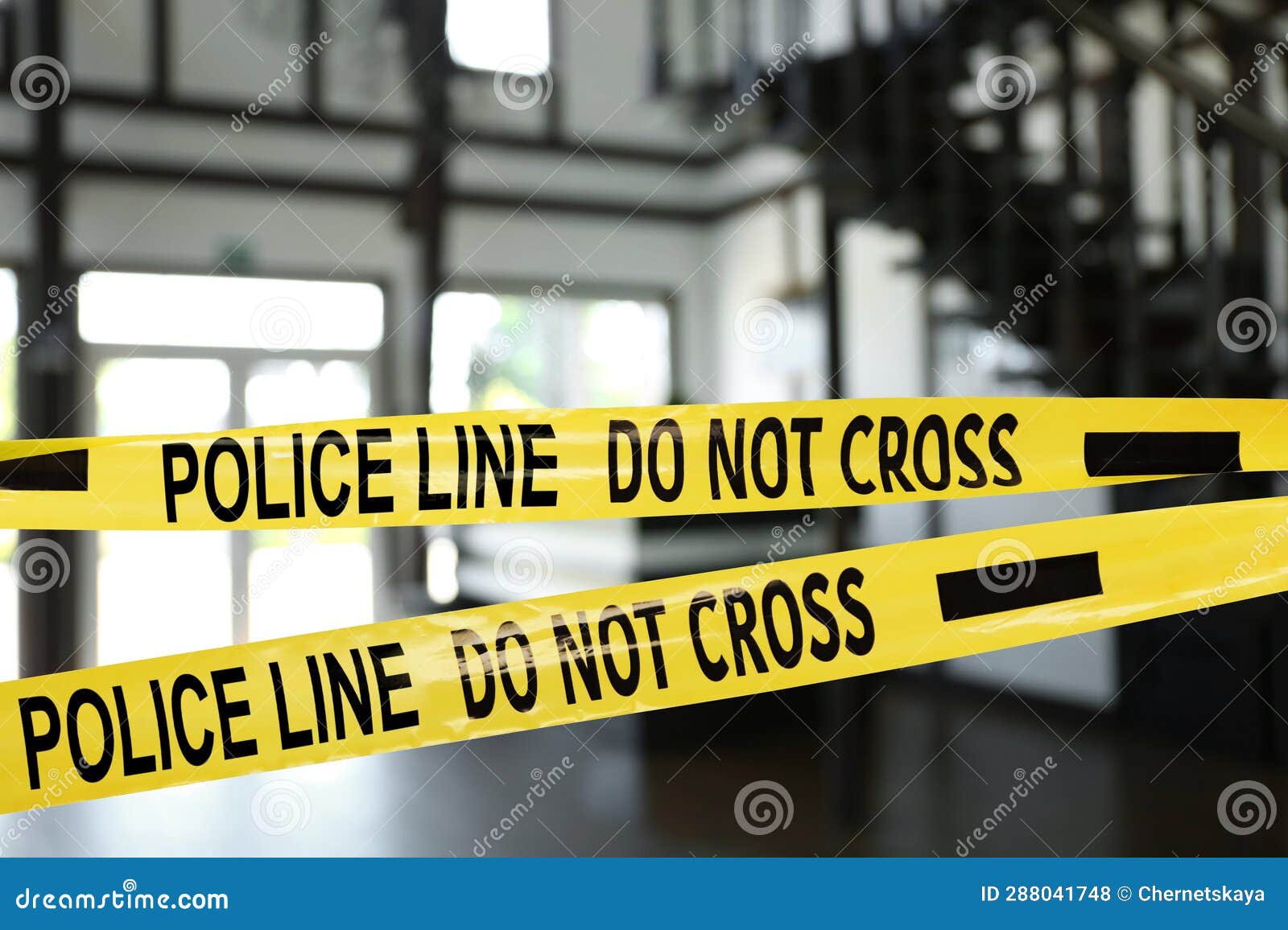 Yellow Crime Scene Tape Blocking Way Indoors Stock Photo - Image of ...