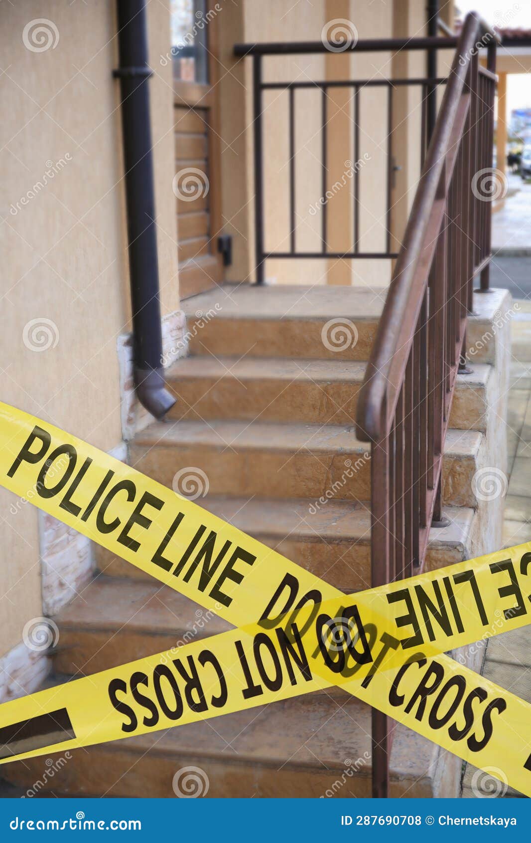 Yellow Crime Scene Tape Blocking Way To Stairs Outdoors Stock Photo ...