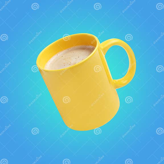 Yellow Cup of Coffee Drink Levitating on Light Blue Background Stock ...