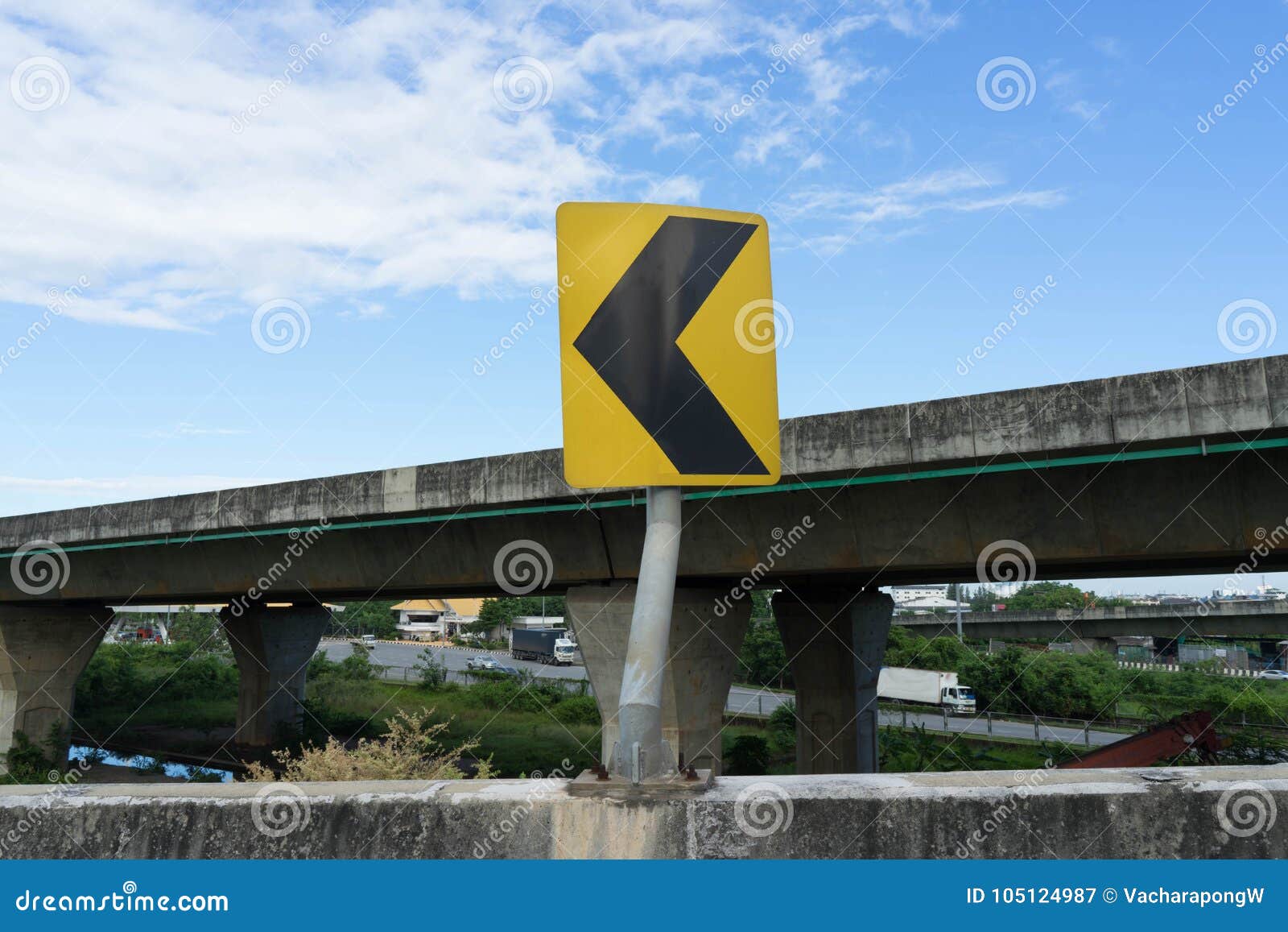 Yellow Curve Warning Sign on Side of Express High Way Stock Image ...