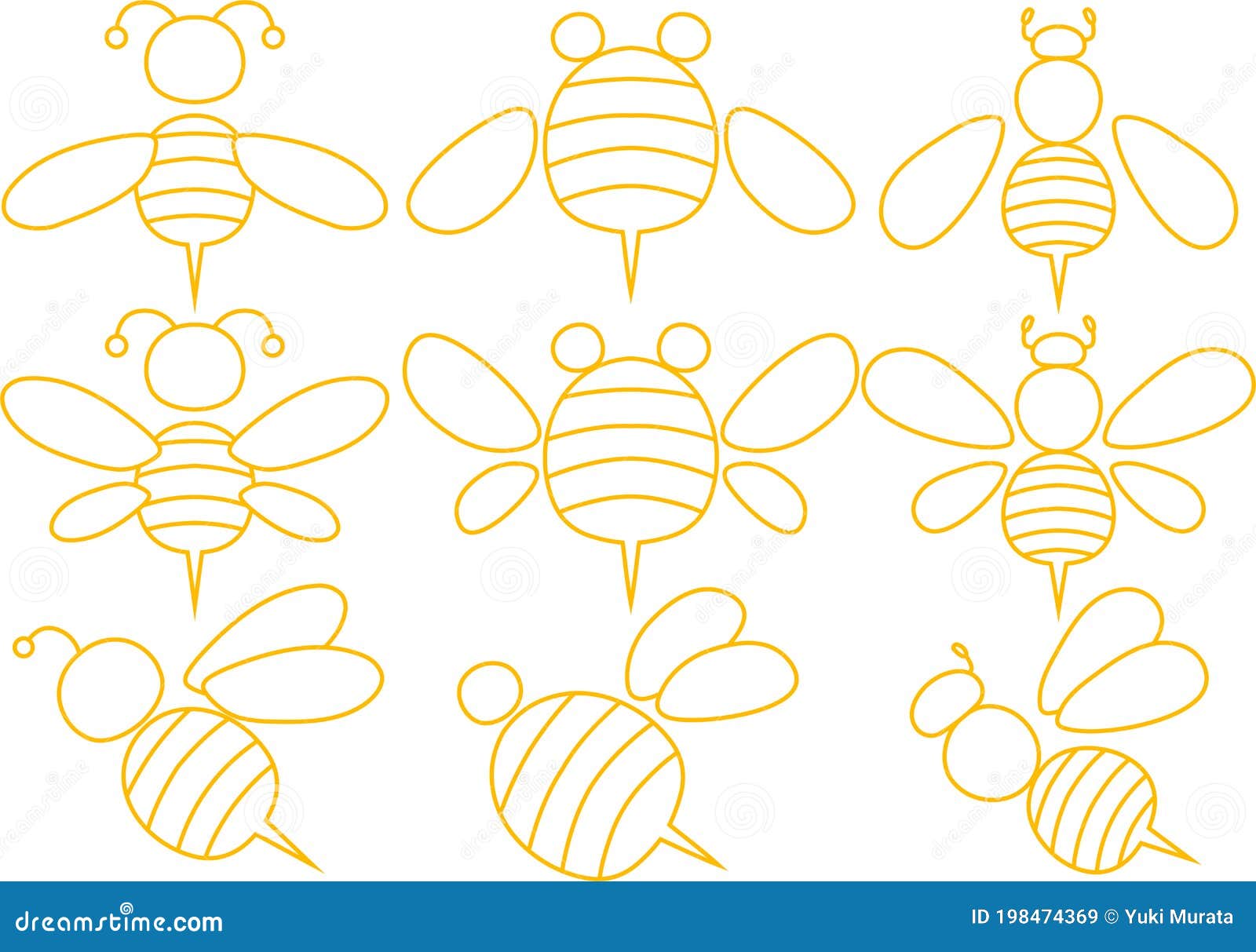 Yellow Cute Bee Outline Set Stock Vector - Illustration of stab ...