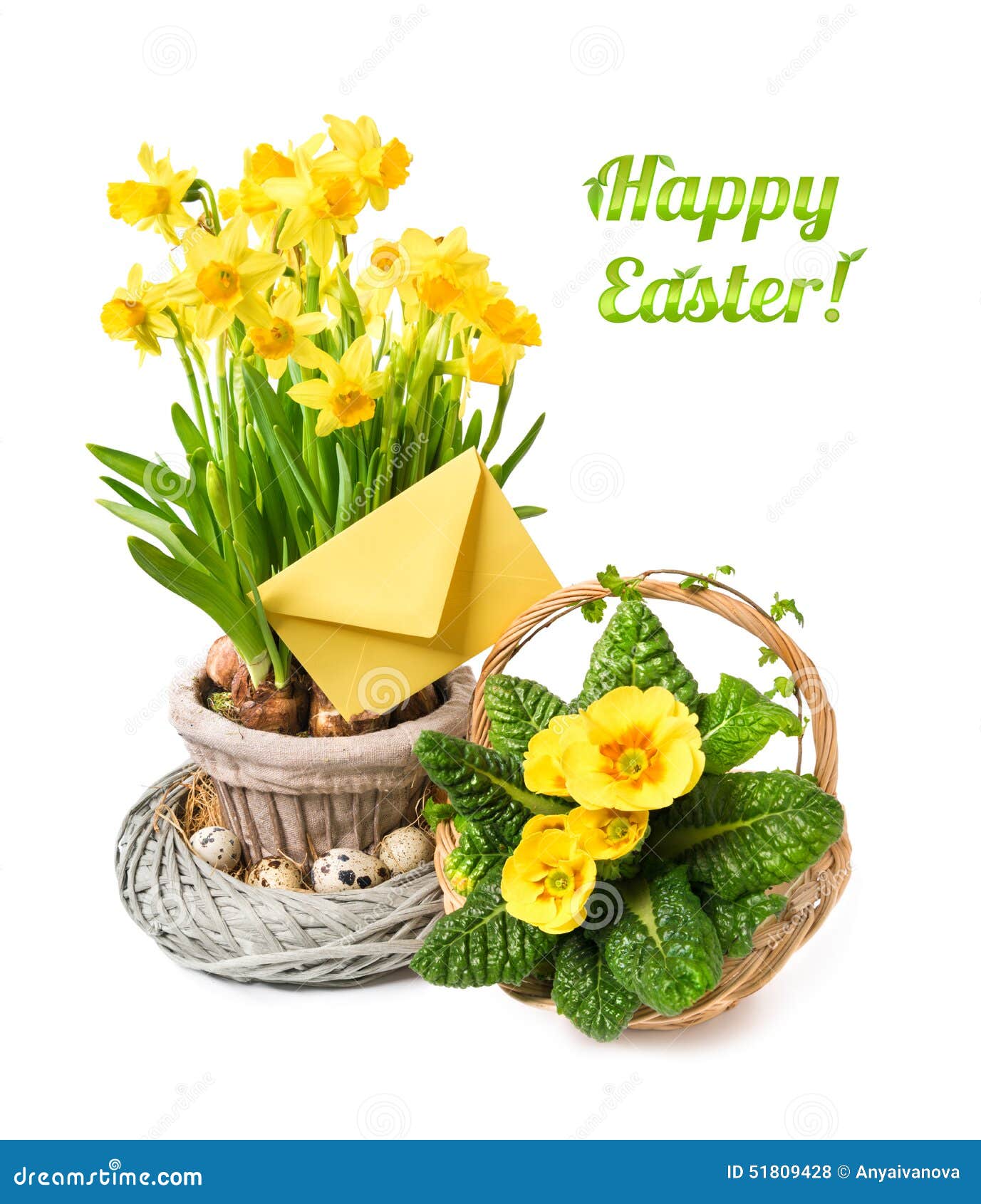 Yellow Daffodils and Primrose on White Background, Happy Easter! Stock Photo - Image of message ...