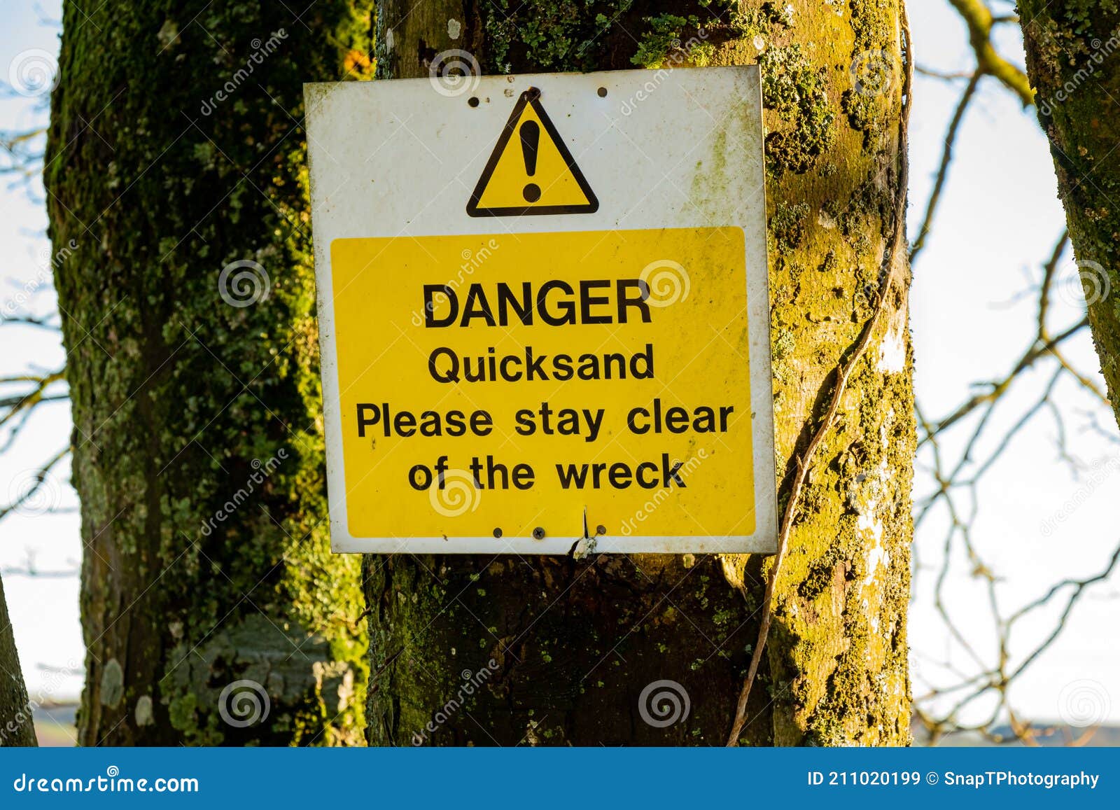 Yellow Danger Quicksand, Please Say Clear of the Wreck Sign on a Tree ...