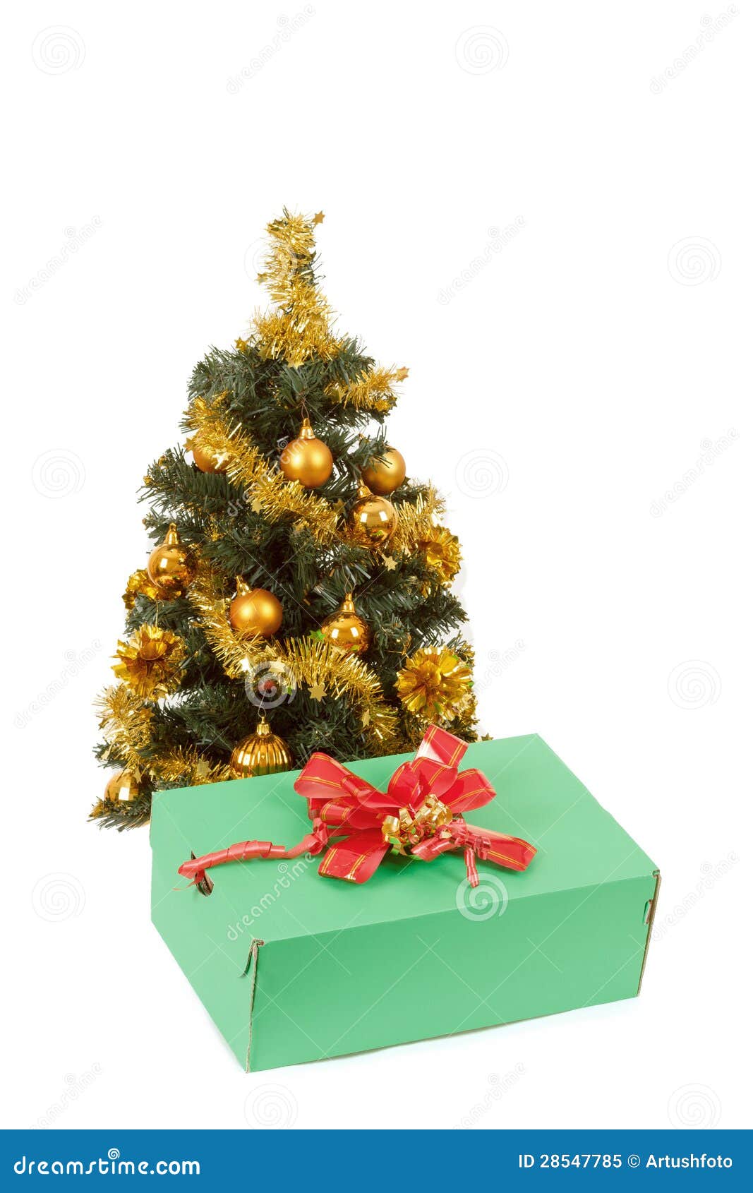 Yellow Decorated Christmas Tree and Gift with Red Ribbon Stock Image ...