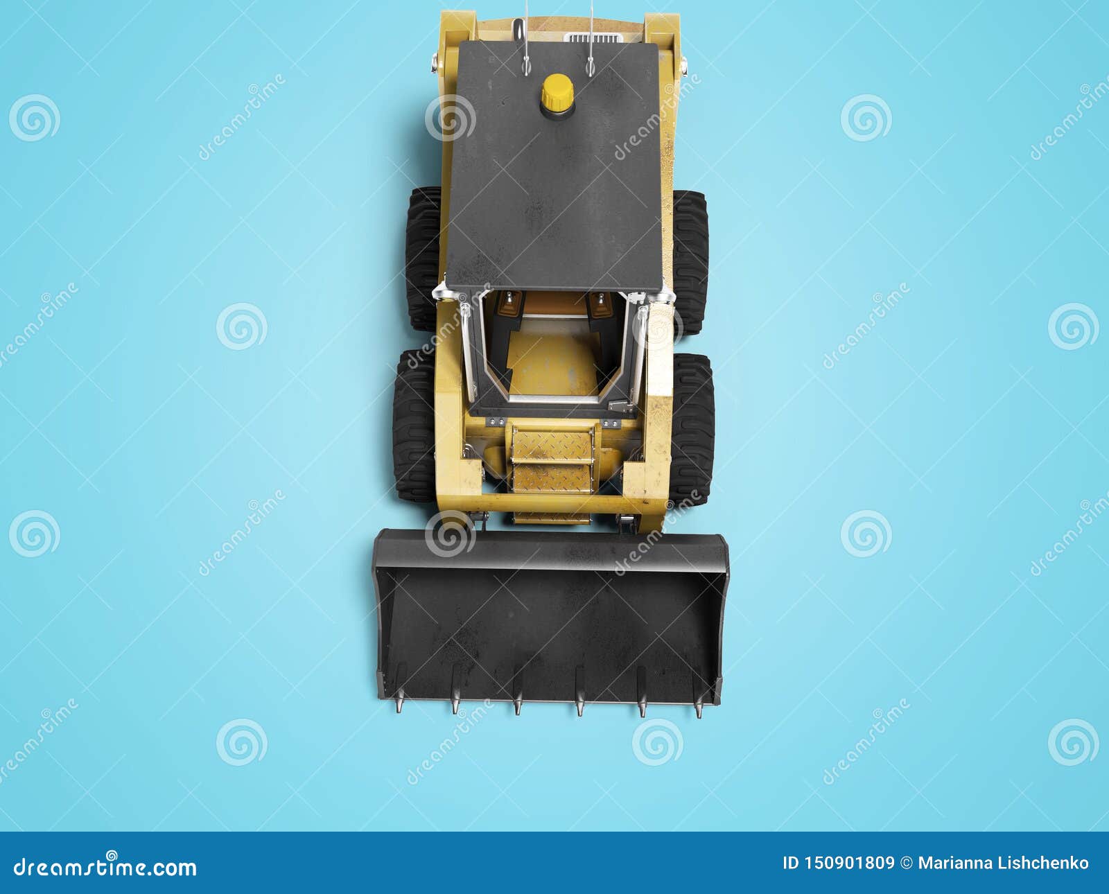 Yellow Diesel Loader with Front Bucket Top View 3d Render on Blue ...