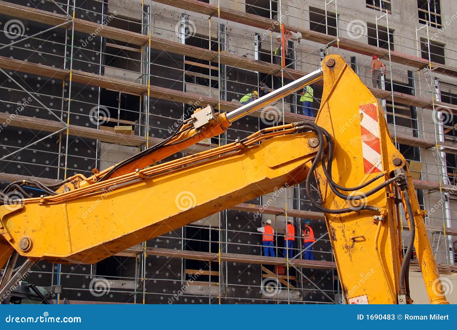 Yellow Digger and Construction Workers Stock Image - Image of place ...