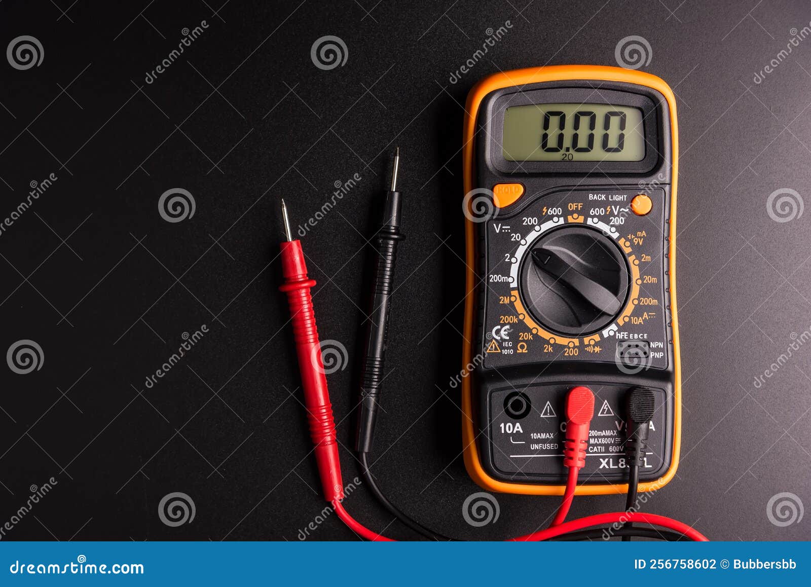 Yellow Digital Multimeter with Probes on Black Background , a ...