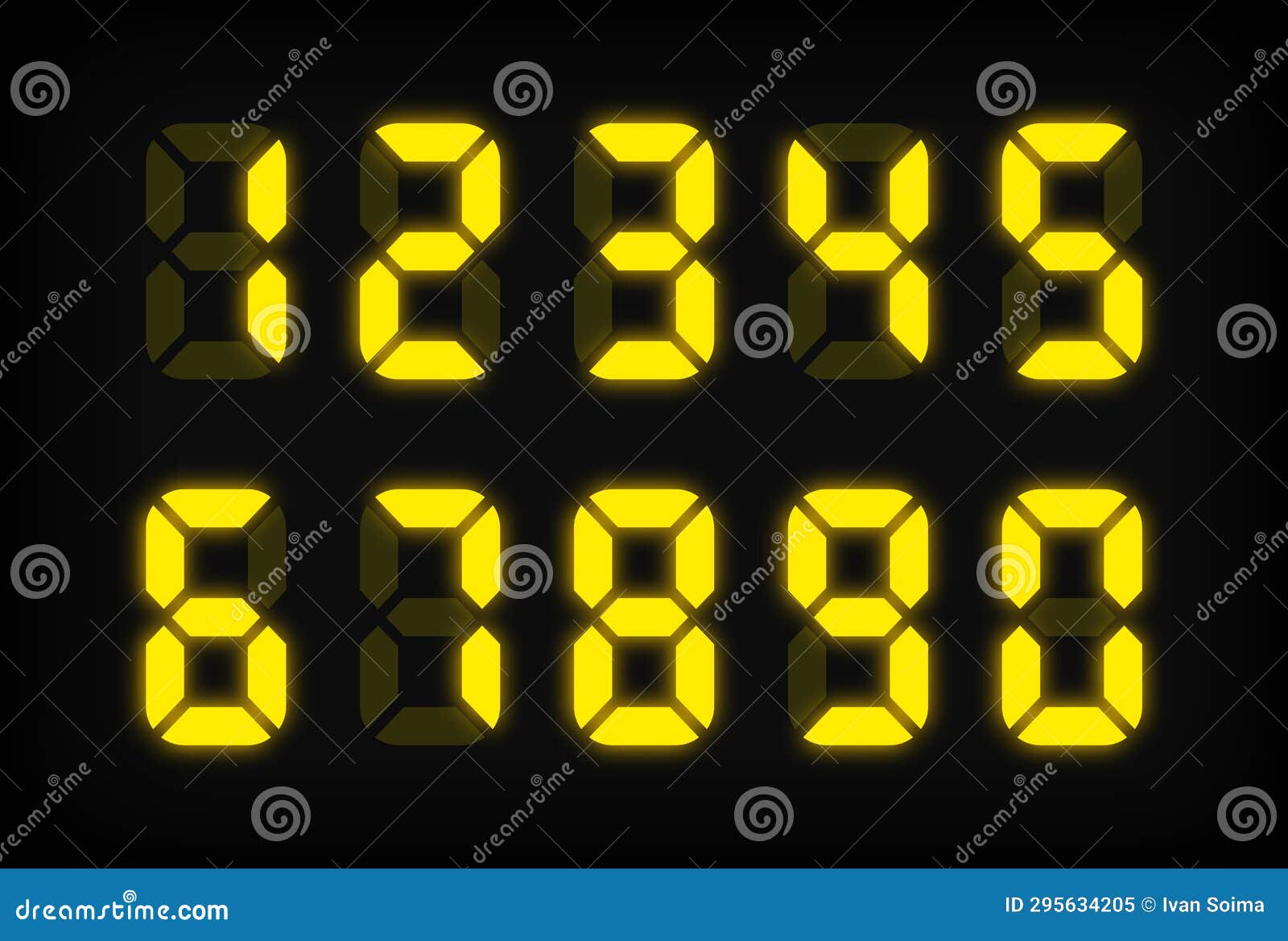 Yellow Digital Numbers on Light Background. Electronic Figures. Light ...