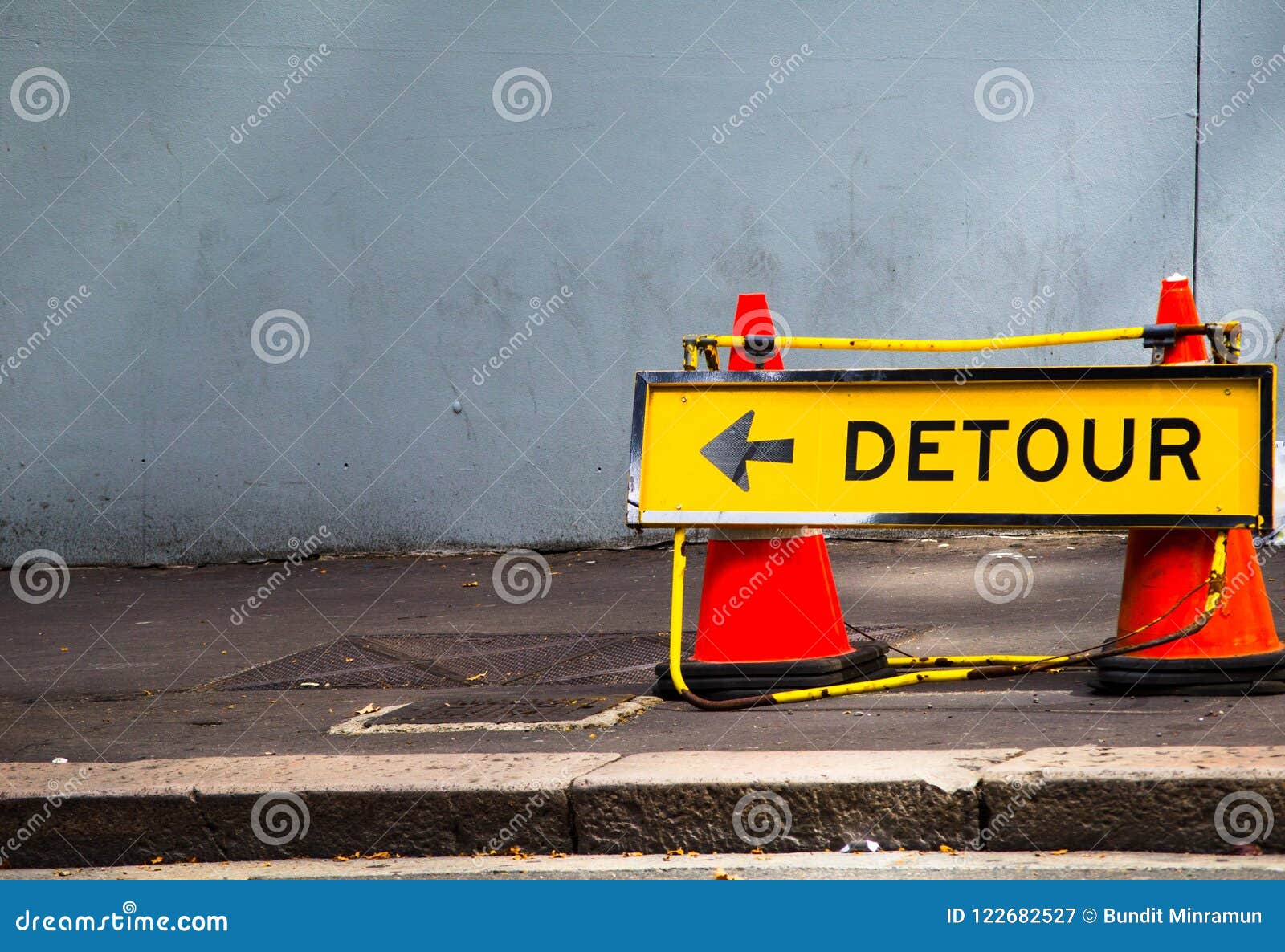 Yellow Direction Sign for Detour on the Footpath. Stock Image - Image ...