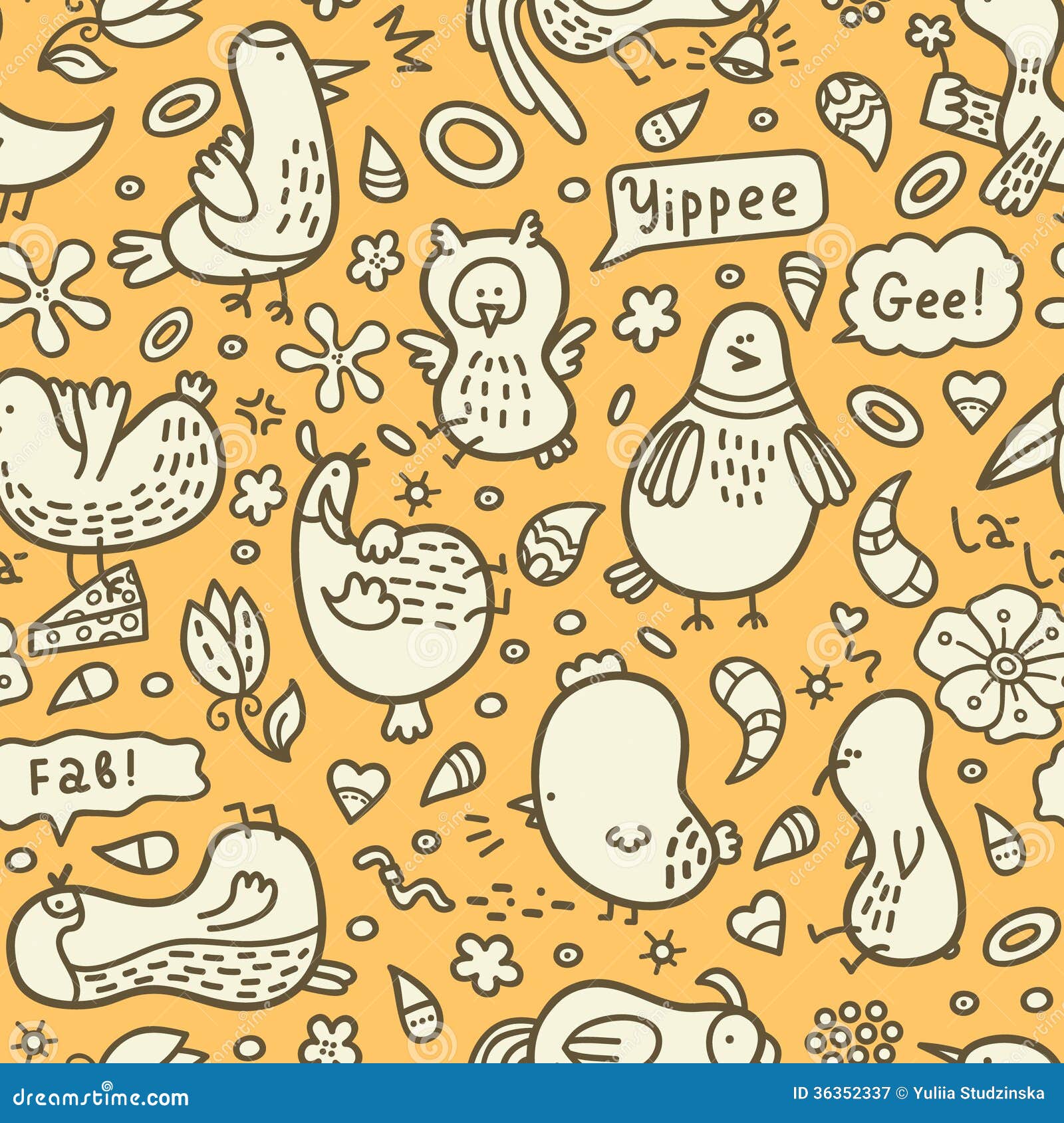 Yellow Doodle Birds Pattern. Stock Vector - Illustration of background ...