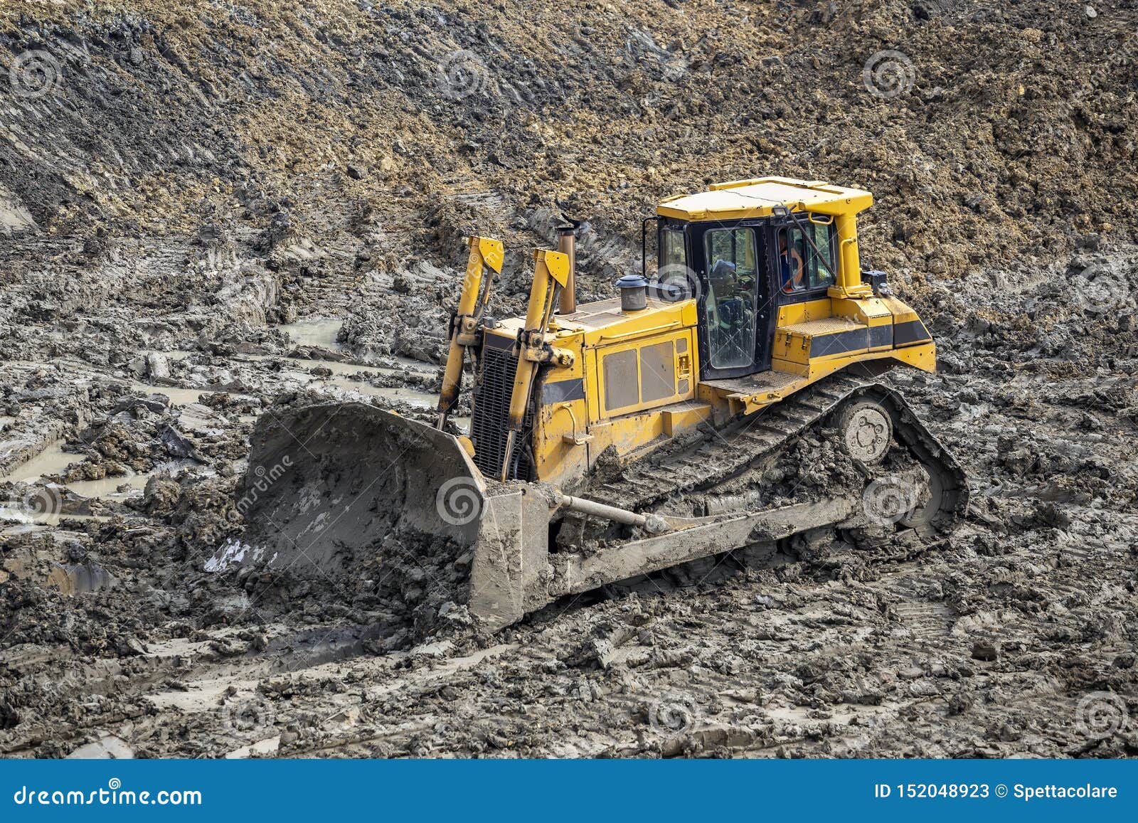 Yellow Dozer Pushes Large Piles of Dirt Stock Image - Image of ...