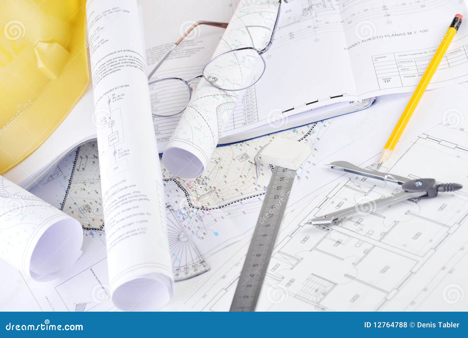 Yellow and drawings stock photo. Image of drafting, contractor - 12764788