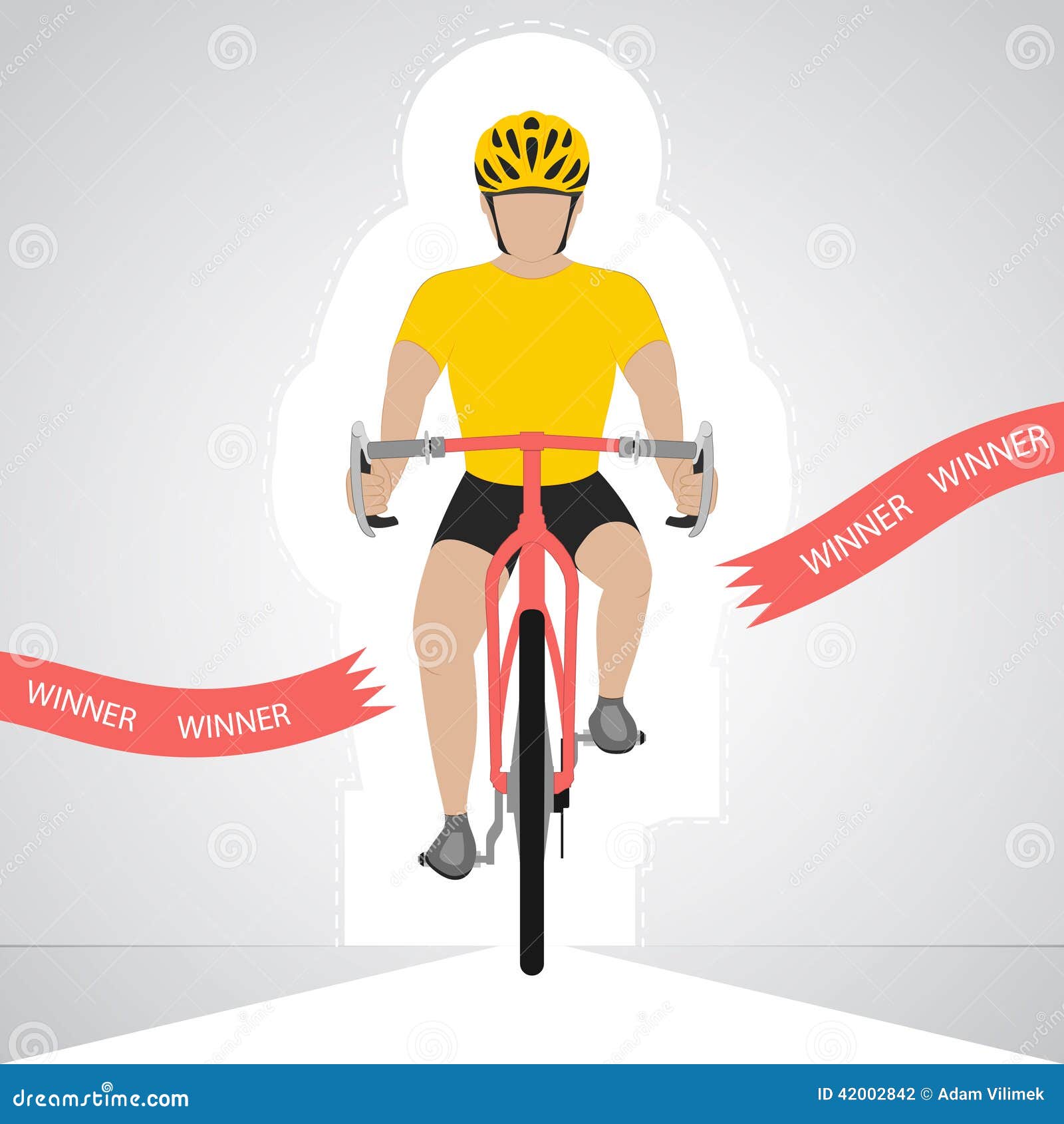 Yellow Dressed Cyclist in Front View Crossing Red Finish Line Stock ...