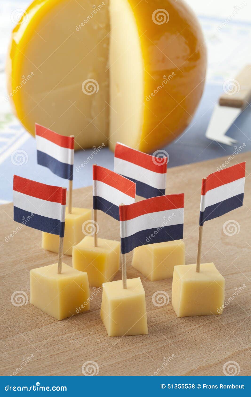 Yellow Edam Cheese Blocks with Dutch Flags Stock Photo - Image of ...