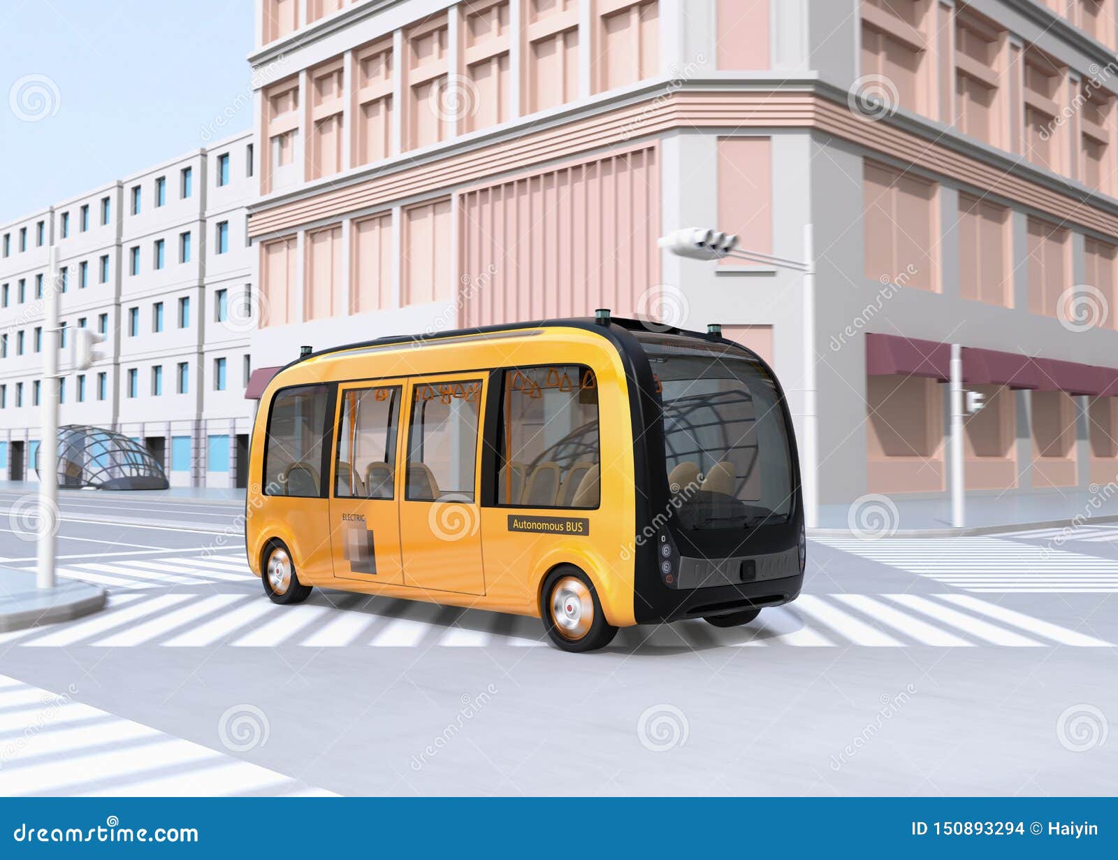 Yellow Electric Powered Autonomous Shuttle Bus Driving through a ...