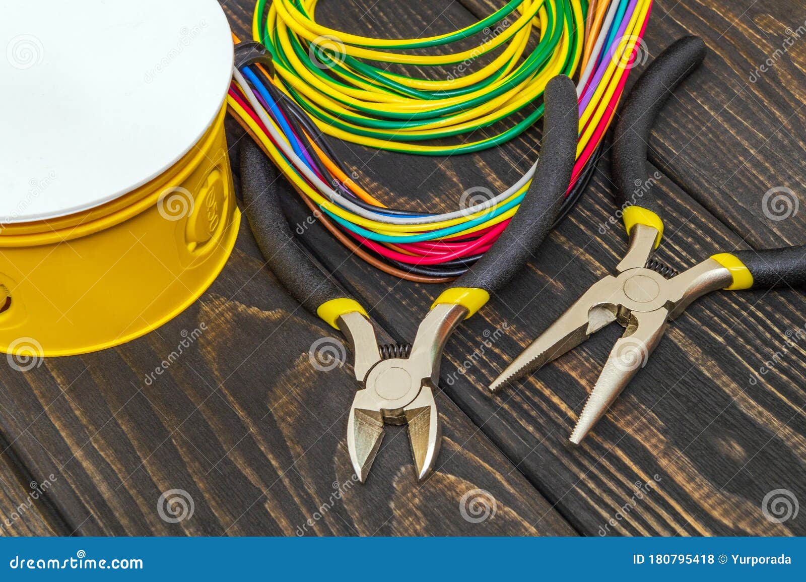 Yellow Electrical Junction Box with Cables Wire and Tools Used in the ...