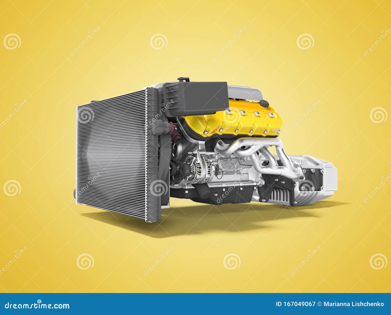 Yellow Engine for Car Assembly with Gearbox Rear View 3D Render on ...