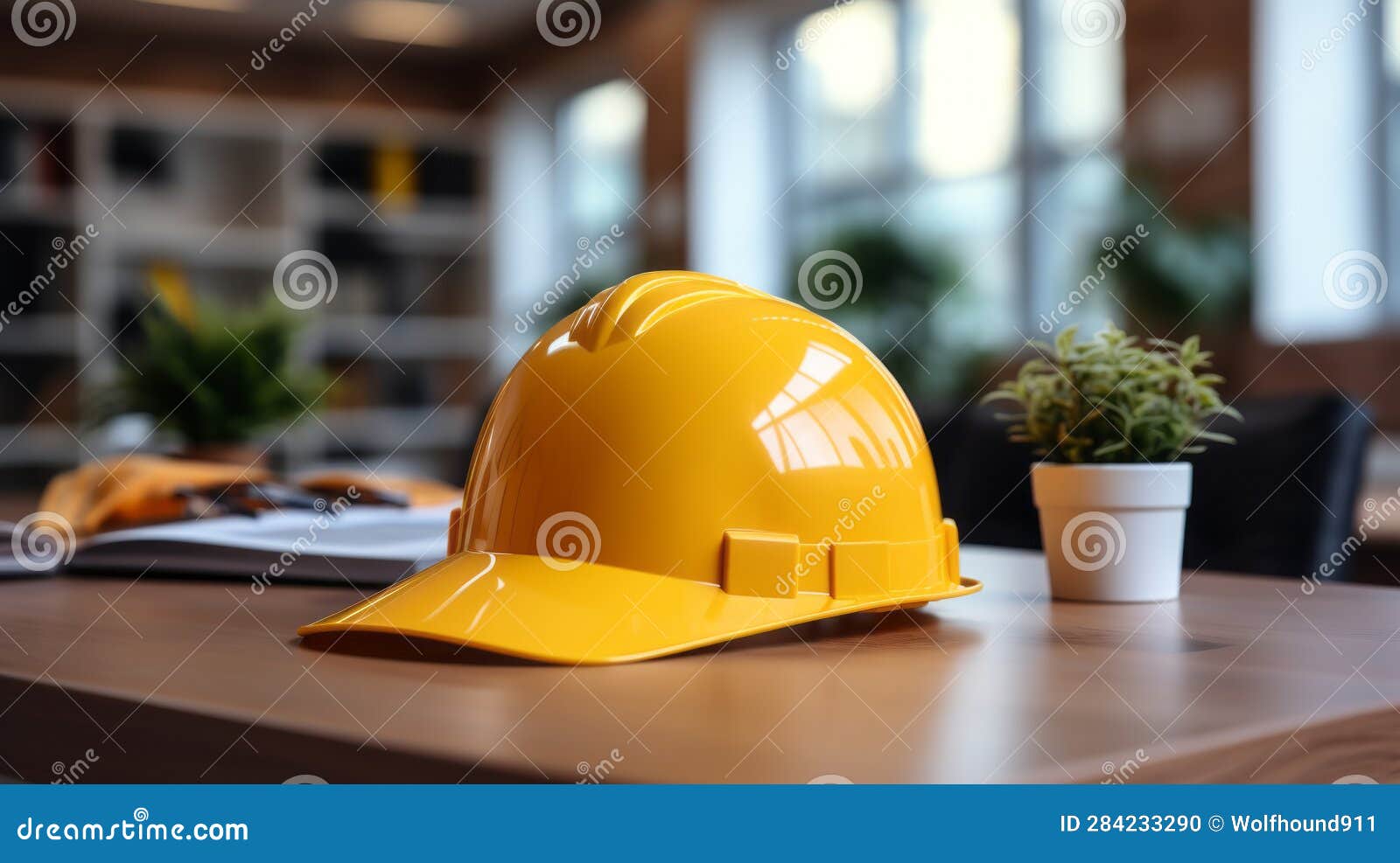 Yellow Engineer Hat with Architecture Floor Plan. AI Generated Stock ...