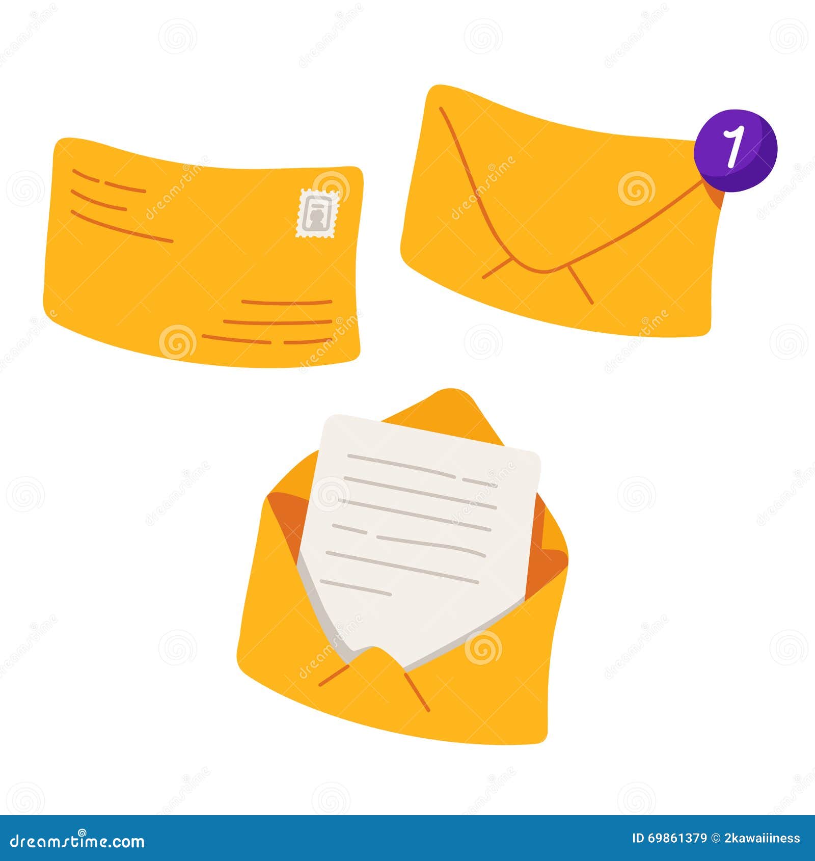 Set Of Yellow Envelopes With Heart Stamps And Angel Wings Isolated On A ...