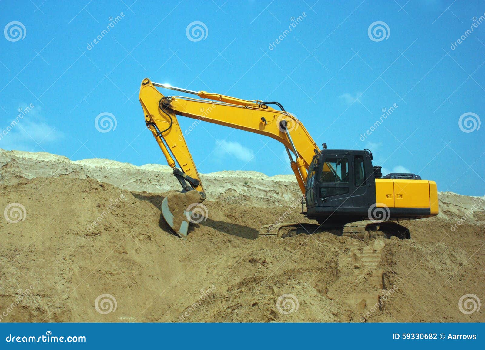 Excavator During Excavation At Construction Site On Sunset Background ...