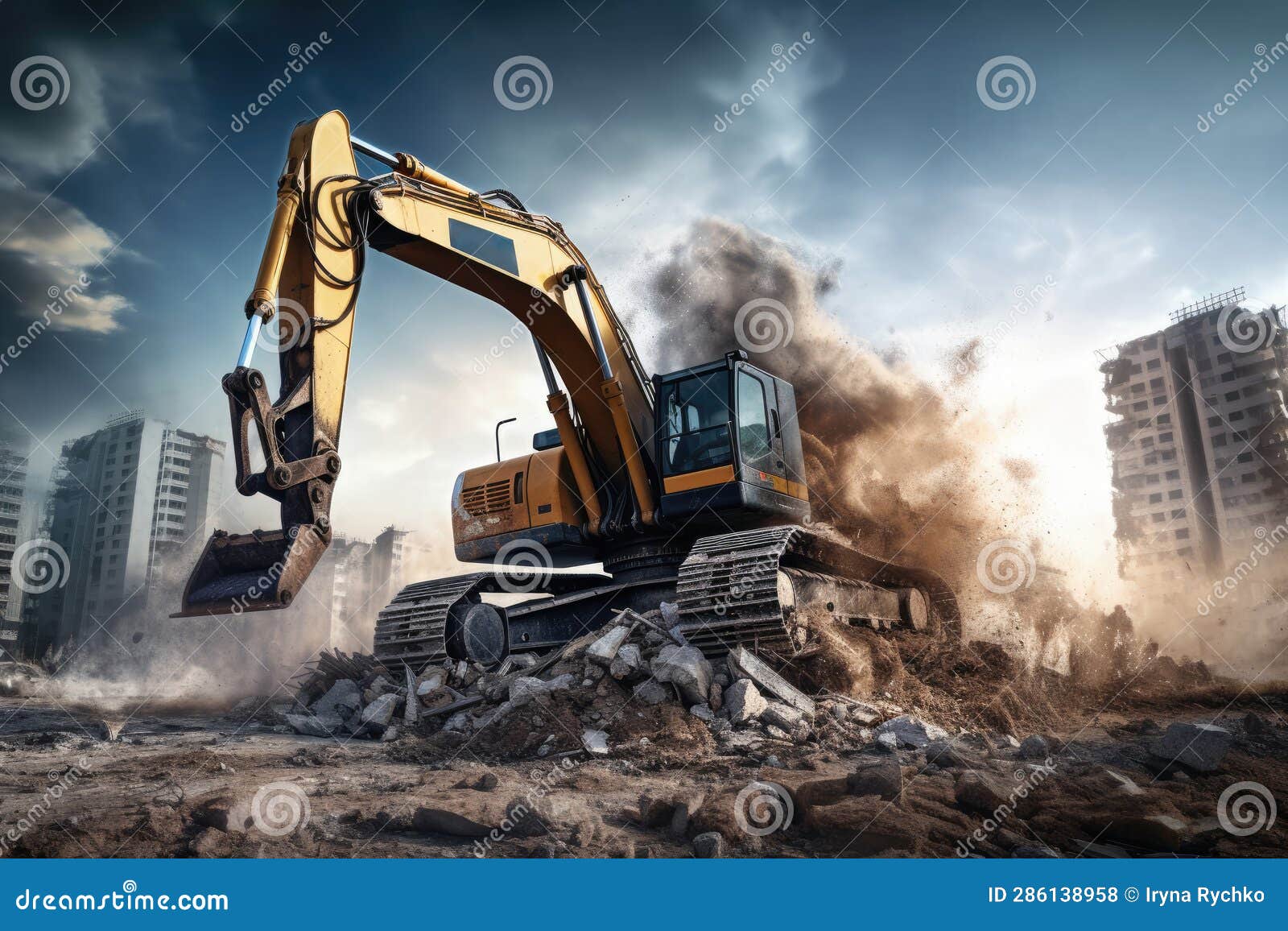 Yellow Excavator Loader Machine at Demolition Construction Site Stock ...