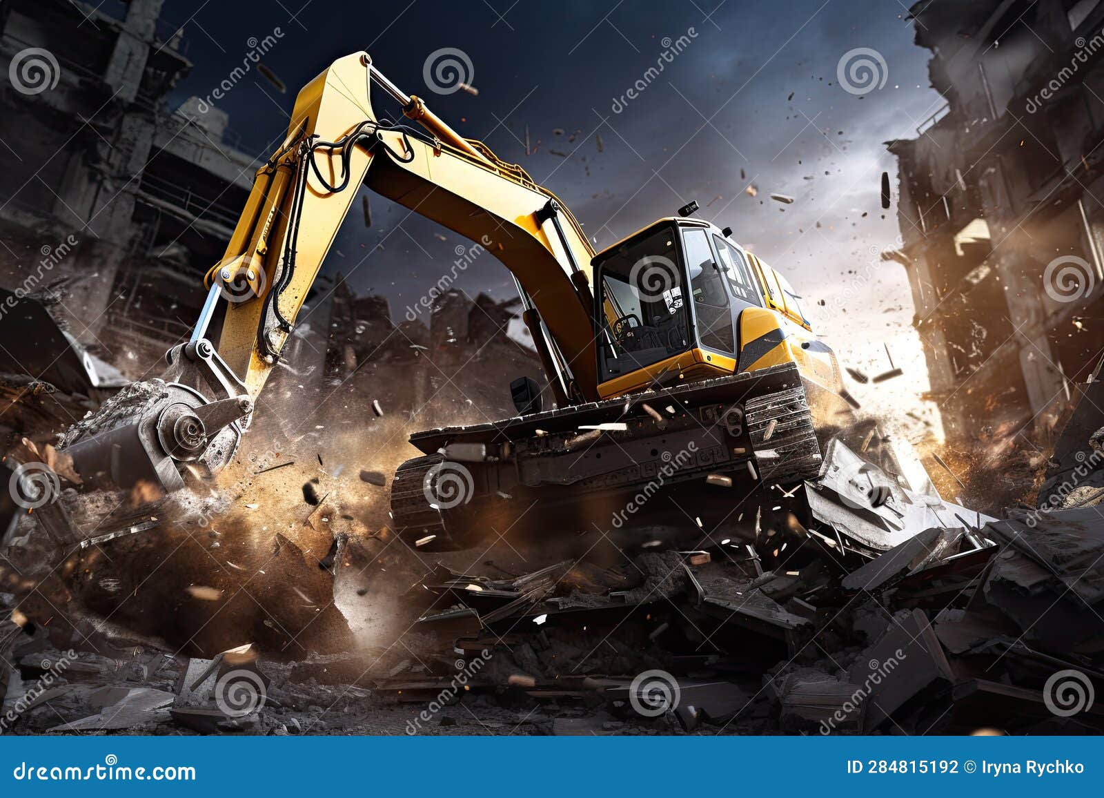 Yellow Excavator Loader Machine at Demolition Construction Site Stock ...