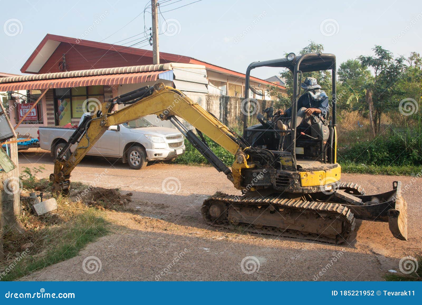 Yellow Excavator Machine Working Earth Moving Works at Construction ...