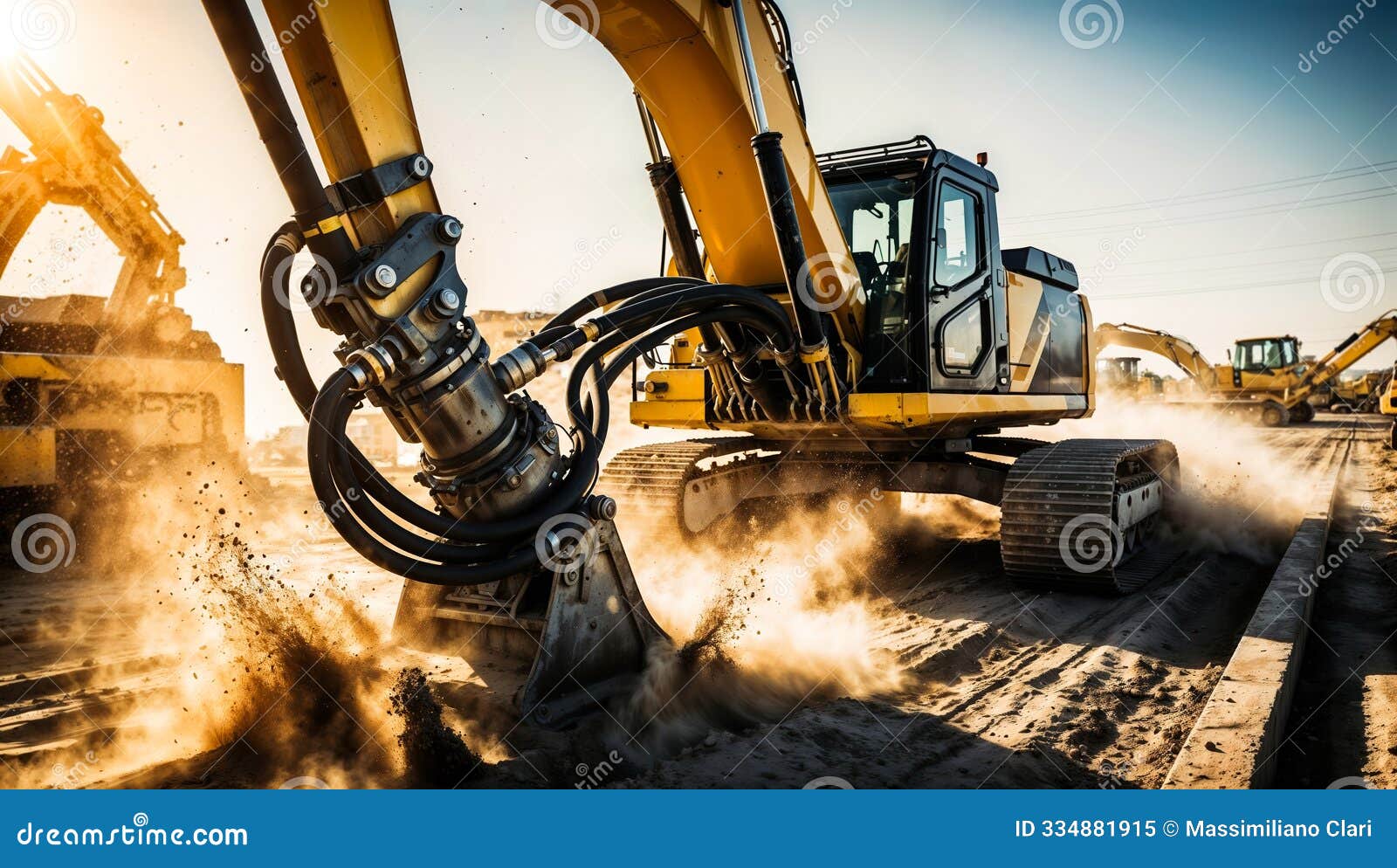 Yellow Excavator Moving Earth and Raising Dust on a Construction Site ...