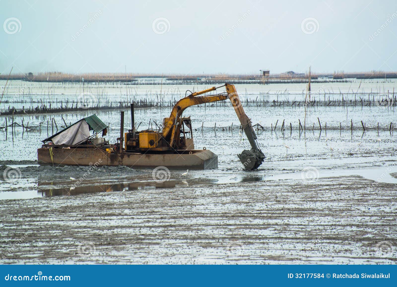 Yellow Excavator in the Sea Stock Photo - Image of scraper, building ...
