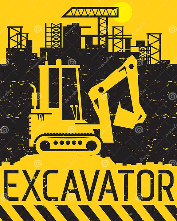 Yellow Excavator Work on Construction Site Stock Vector - Illustration ...